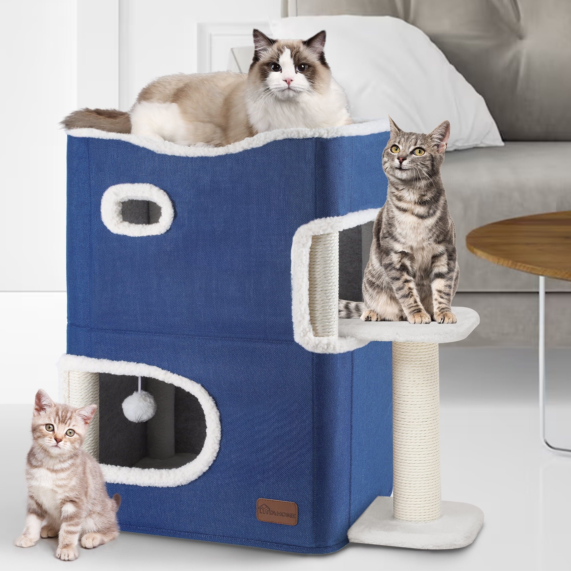 Dextrus Modern Cat Cube Condo, 2-Tier Indoor Cat House,Cat Tunnels with ...