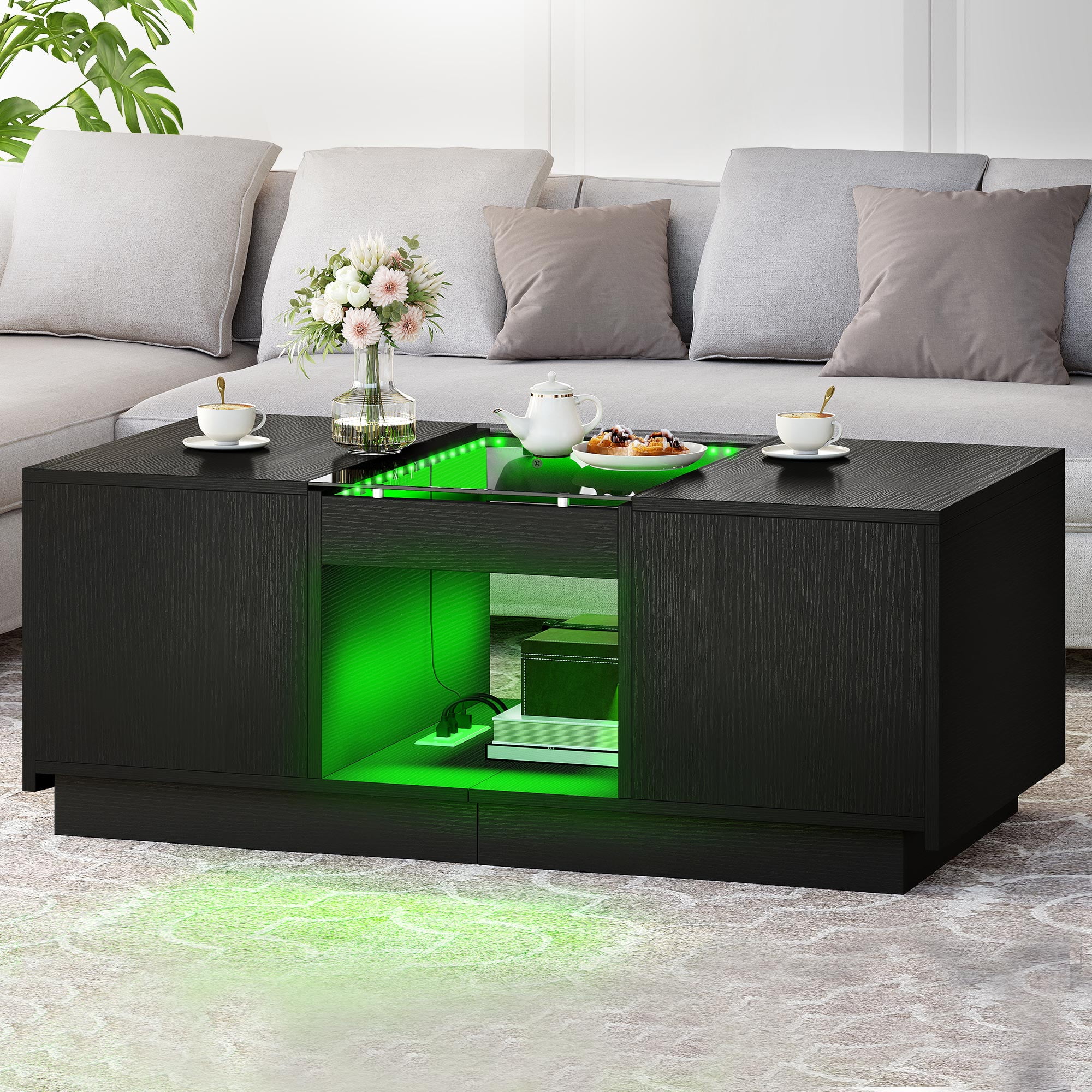 Dextrus Modern LED Coffee Table, Black Coffee Table with Storage, Large ...