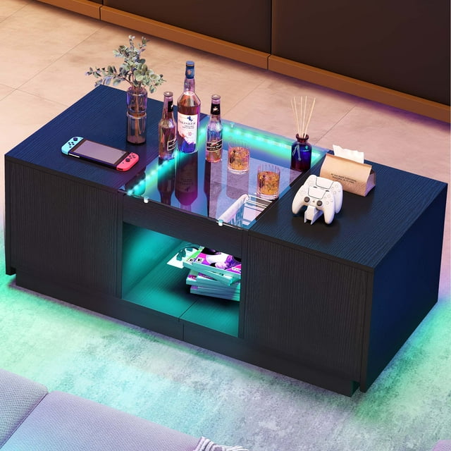 Dextrus Modern LED Coffee Table, Black Coffee Table with Storage, Large ...