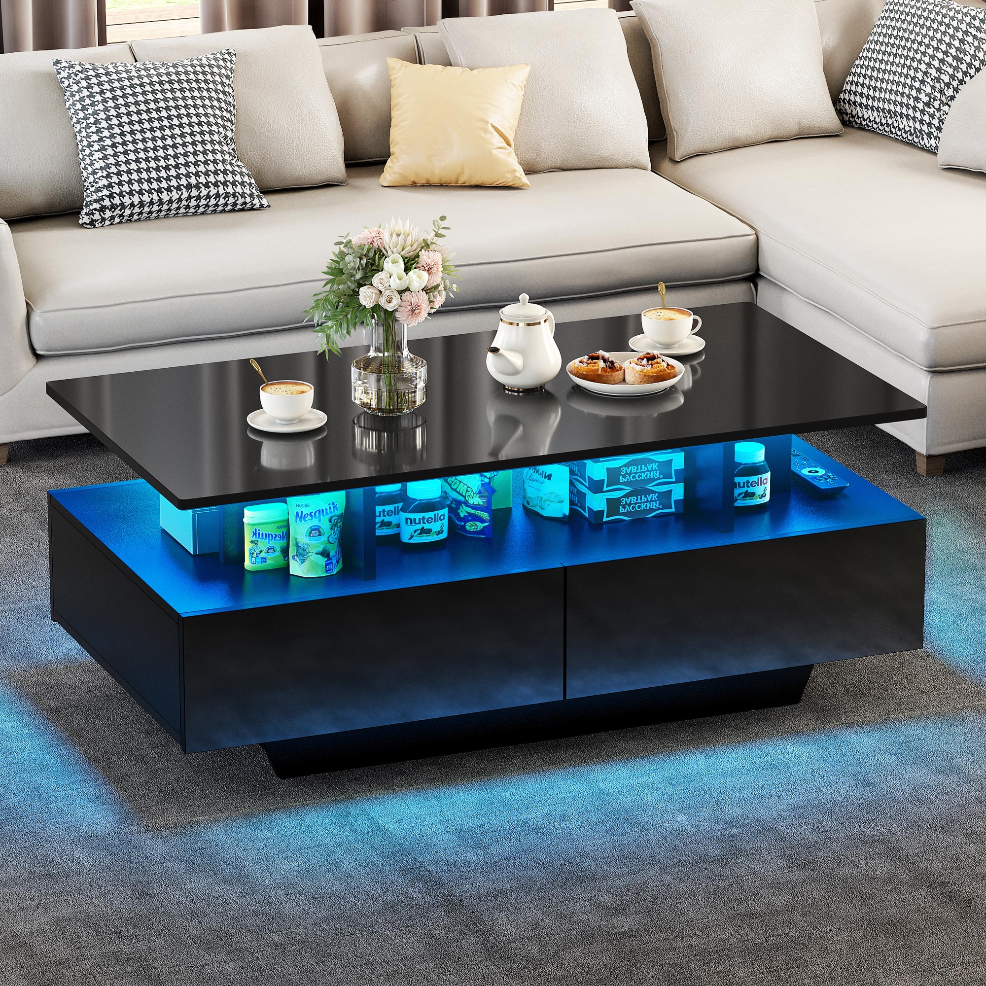 Dextrus Modern LED Coffee Table, Black Coffee Table with Storage, Large ...