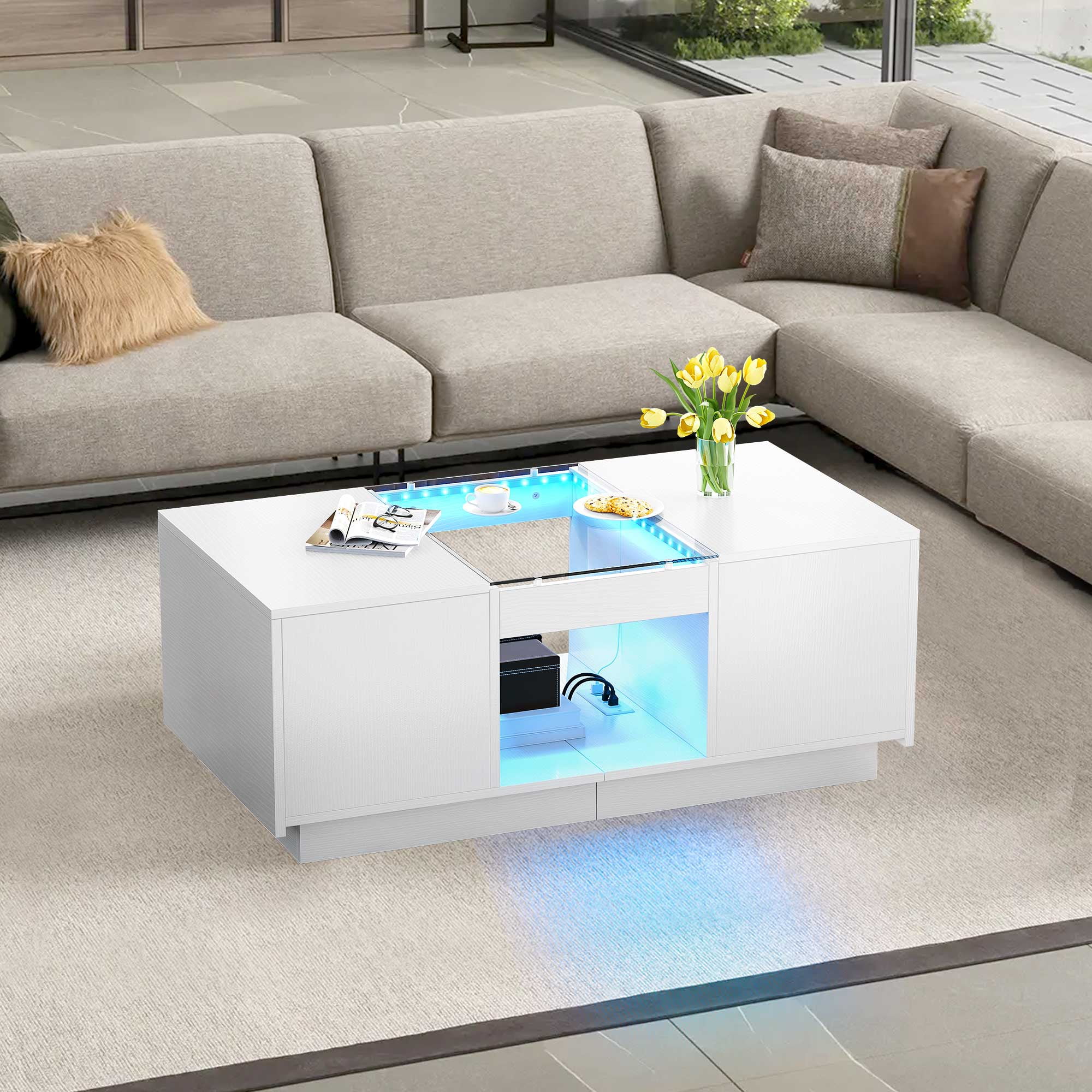 Dextrus LED Coffee Table with Charging Station, White, 2-Tier Storage ...
