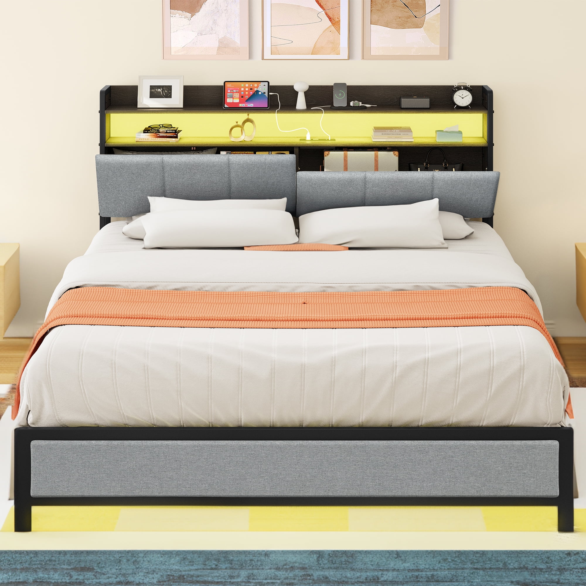 Dextrus Modern LED Light Bed Frame with Shelf Storage & Upholstered ...