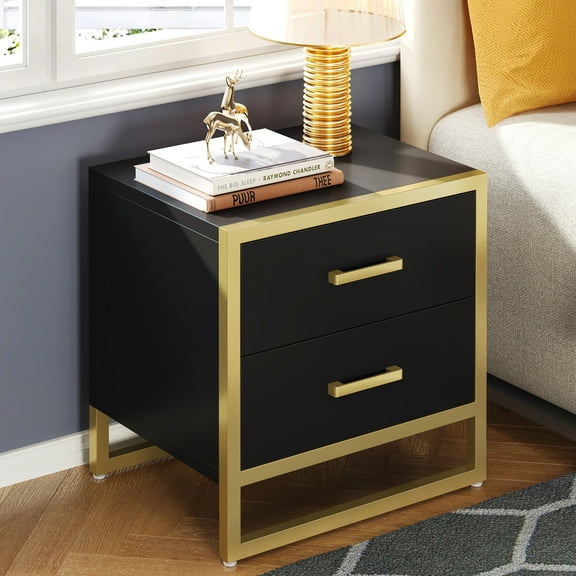 Anbuy Black Marble Nightstands Set of 2 with Gold Handle, Striped Night ...