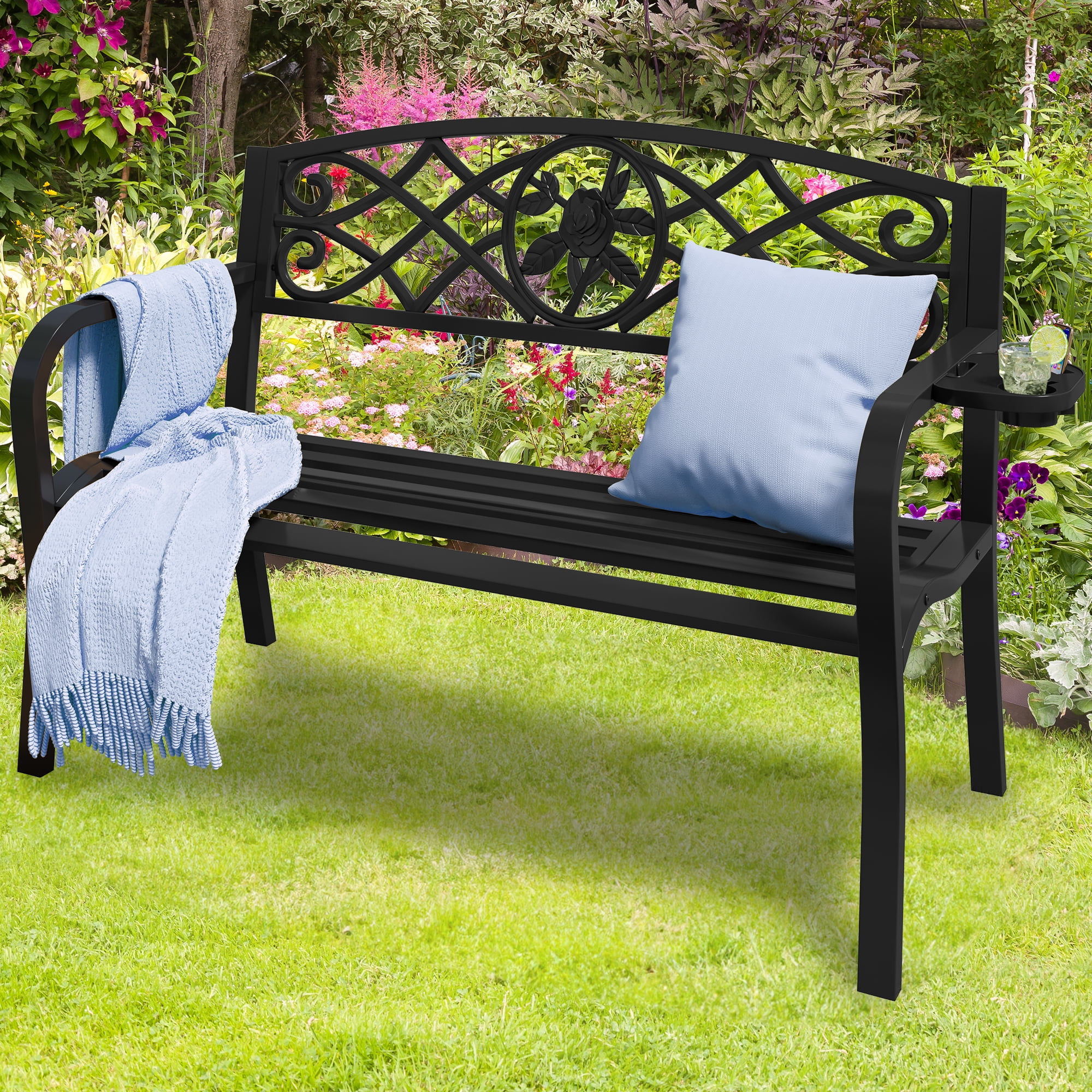 "Dextrus 50"" Steel Outdoor Bench with Cup Holder, Rose Pattern, for ...