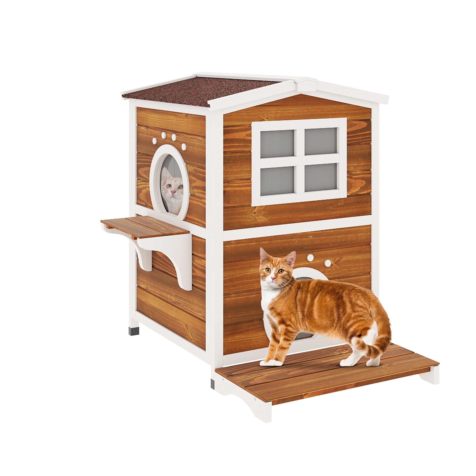 Dextrus Outdoor Cat House Wooden, 2-Story Outside Cat Shelter Condo ...