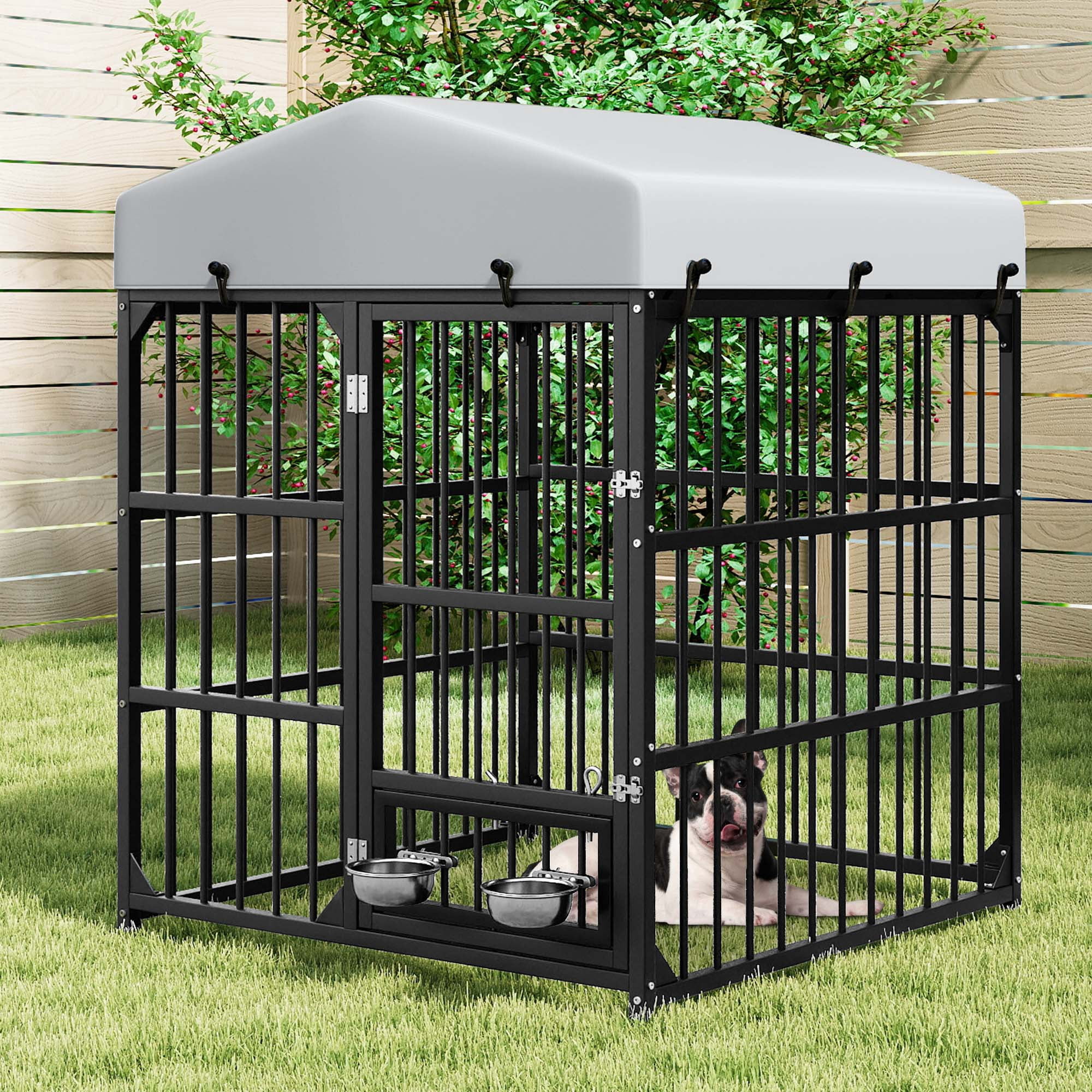 Dextrus Outdoor Dog Kennel with Rotating Feeder Bowls, Outdoor Dog ...