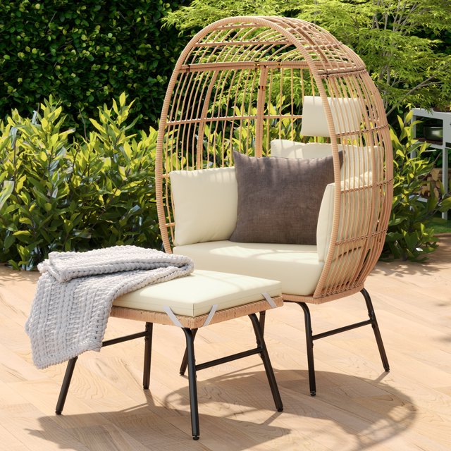 Dextrus Outdoor Egg Chair with Ottoman,Patio Wicker Basket Chair with Stand and Beige Cushion ...