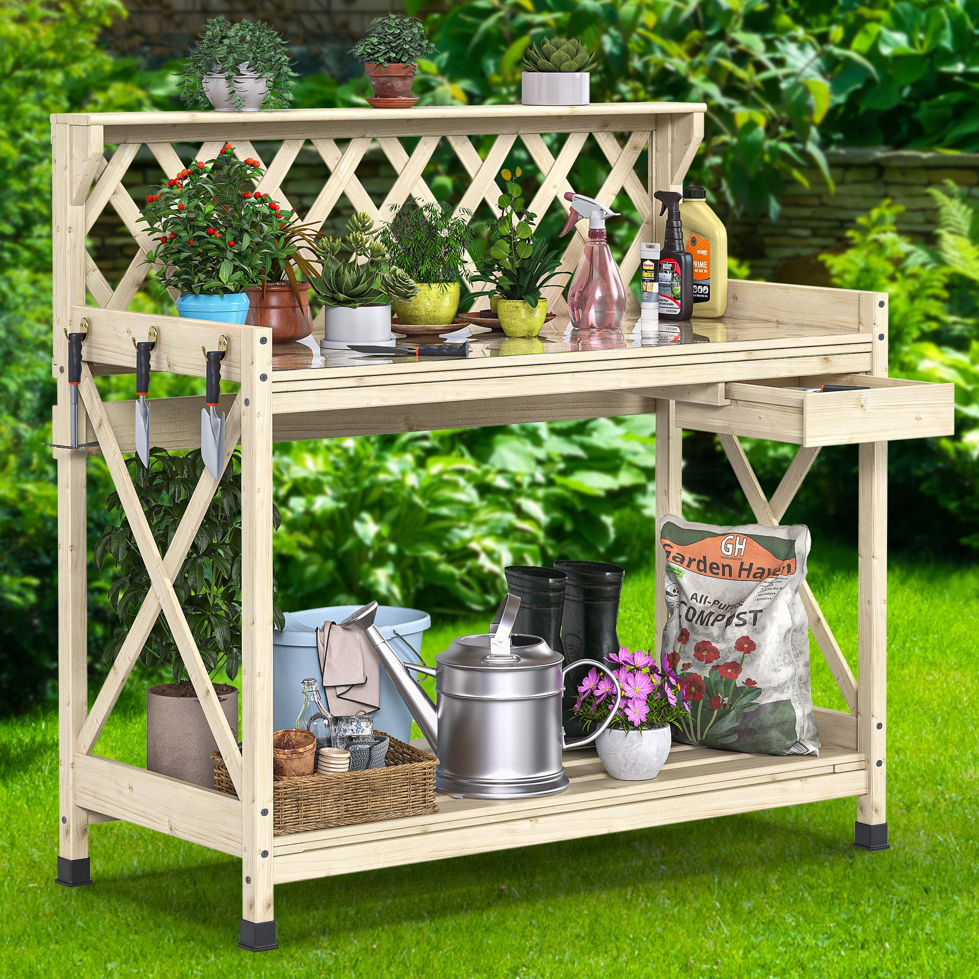 Dextrus Outdoor Potting Bench with Drawer, Hooks, and Water-Resistant ...
