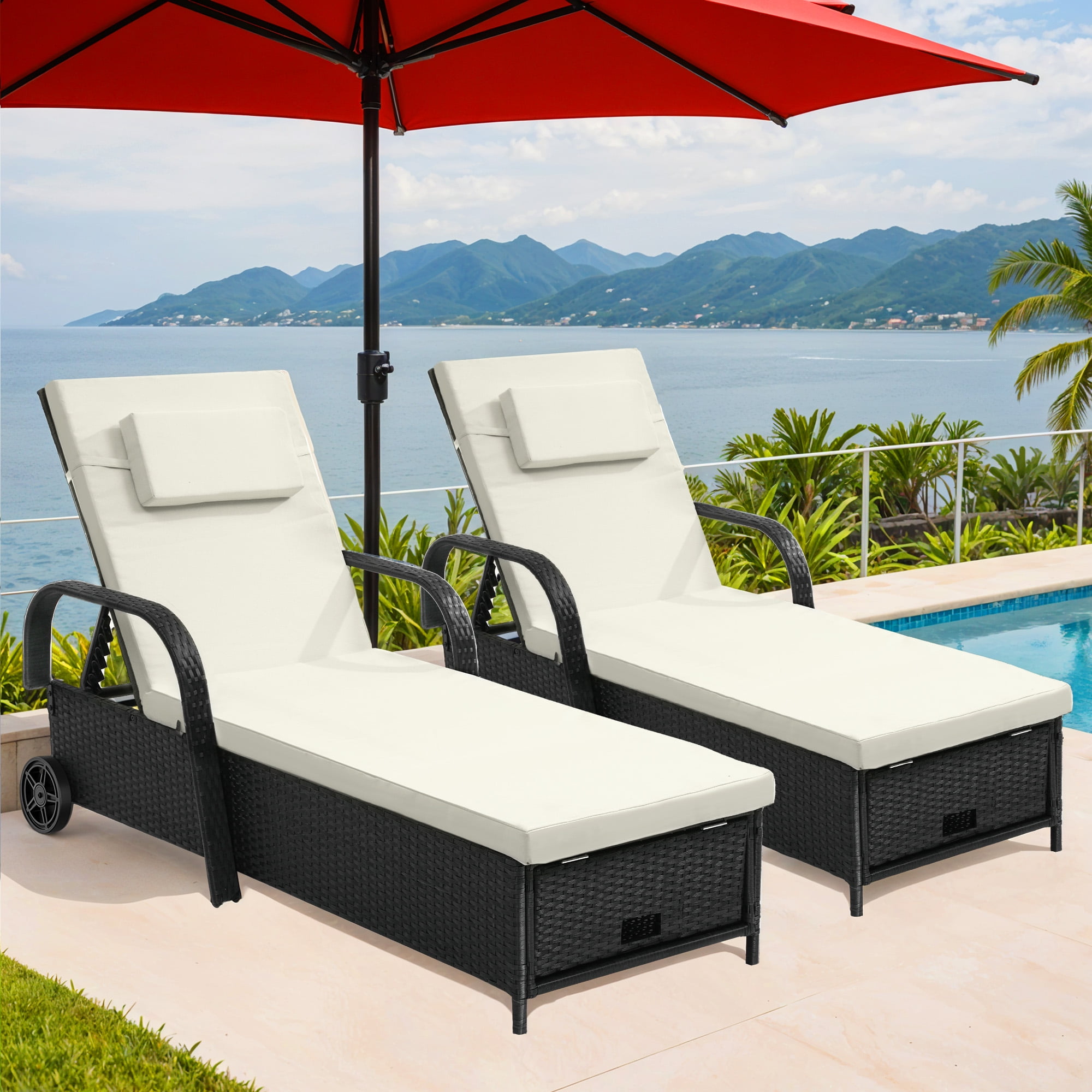 Dextrus Outdoor Rattan Chaise Lounge Set of 2 with Cushions, Built-In ...