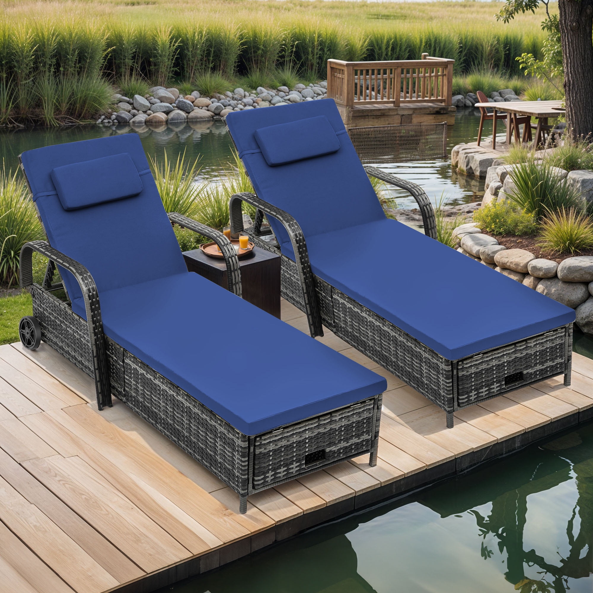 Dextrus Outdoor Rattan Chaise Lounge Swt of 2 with Cushions, Built-In ...