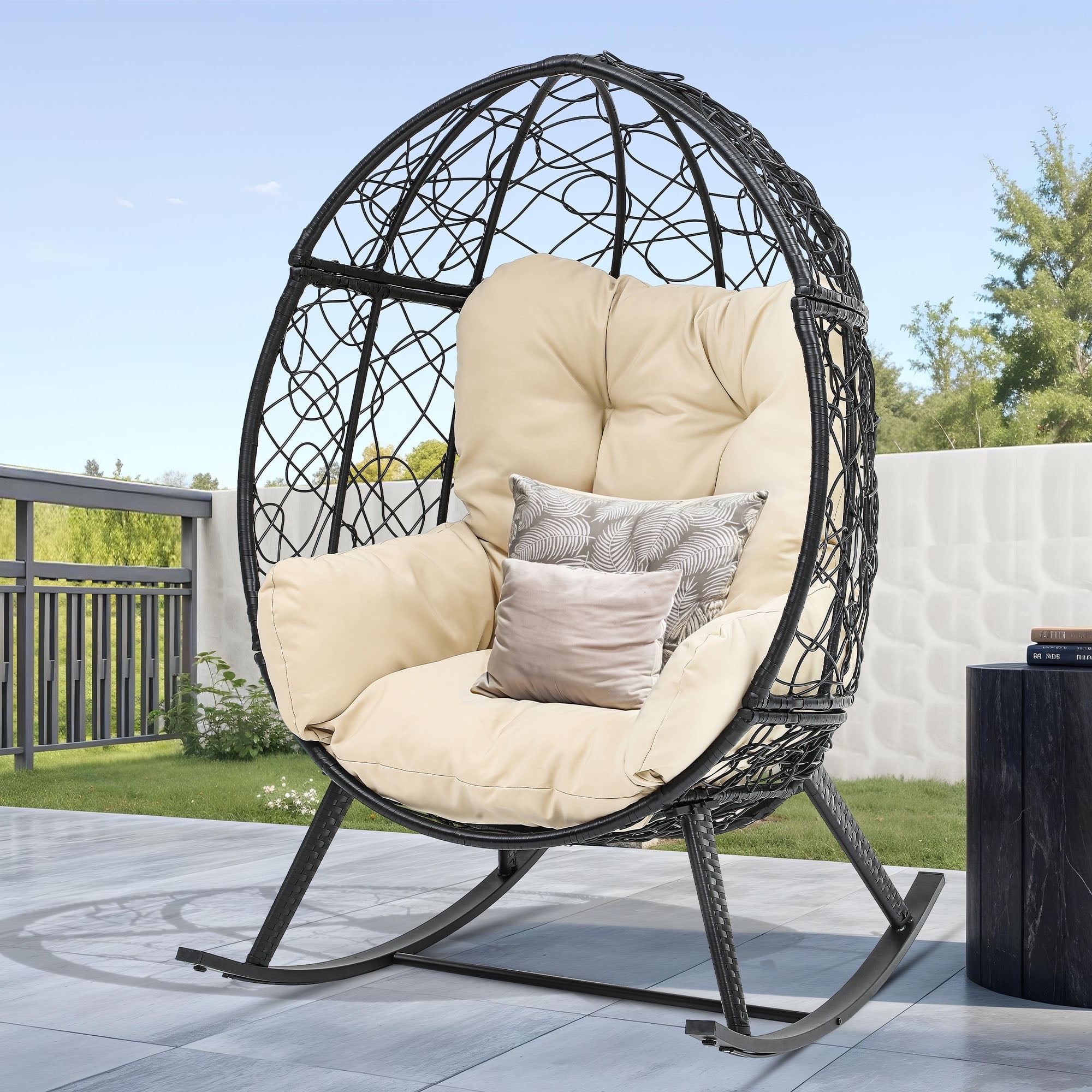 Dextrus Outdoor Rocking Egg Chair with Cushioned Comfort, Wicker Patio ...