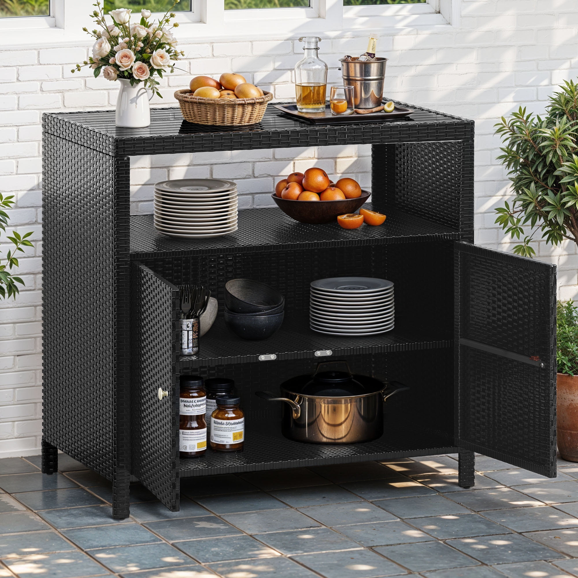 Dextrus Outdoor Storage Cabinet, Rattan Patio Storage Table w/2 Doors ...