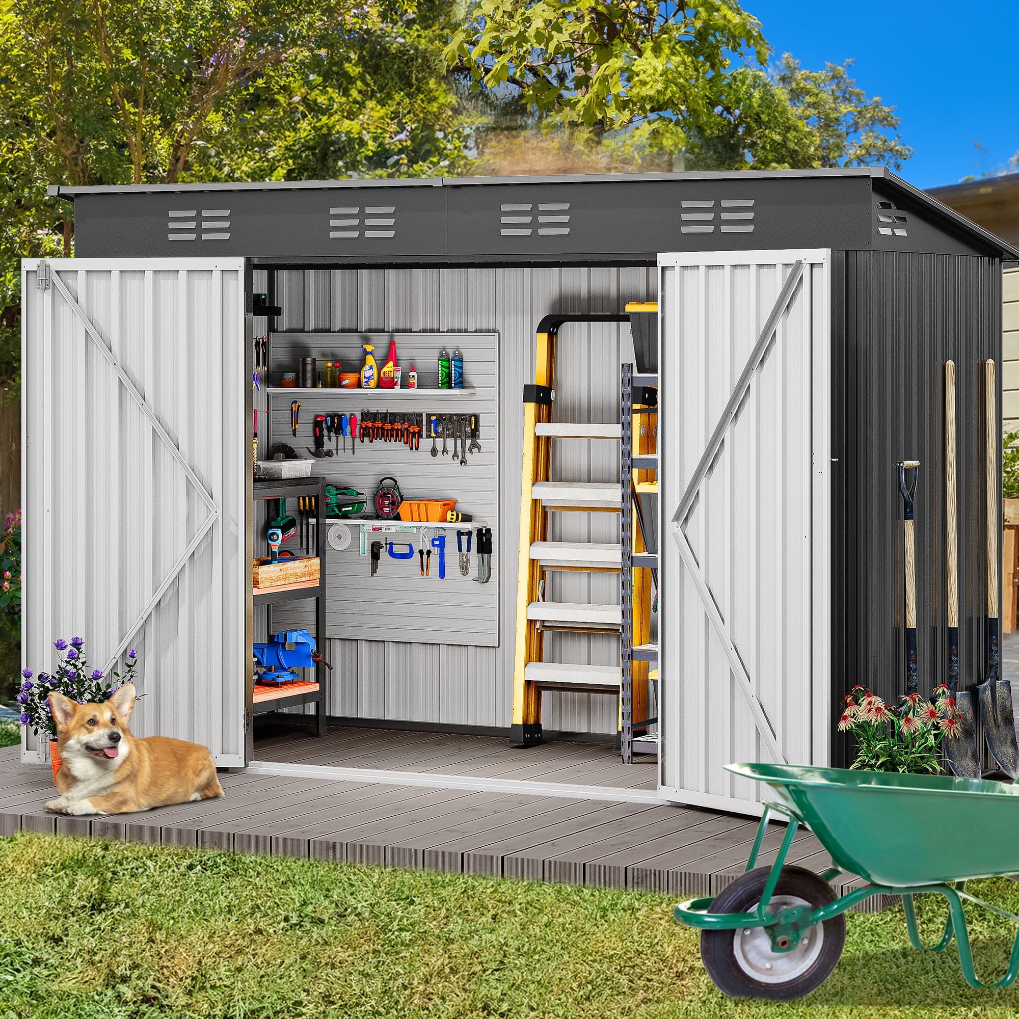 Dextrus Outdoor Storage Shed, 9.1' x 4.2' Large Metal Tool Sheds, Heavy ...