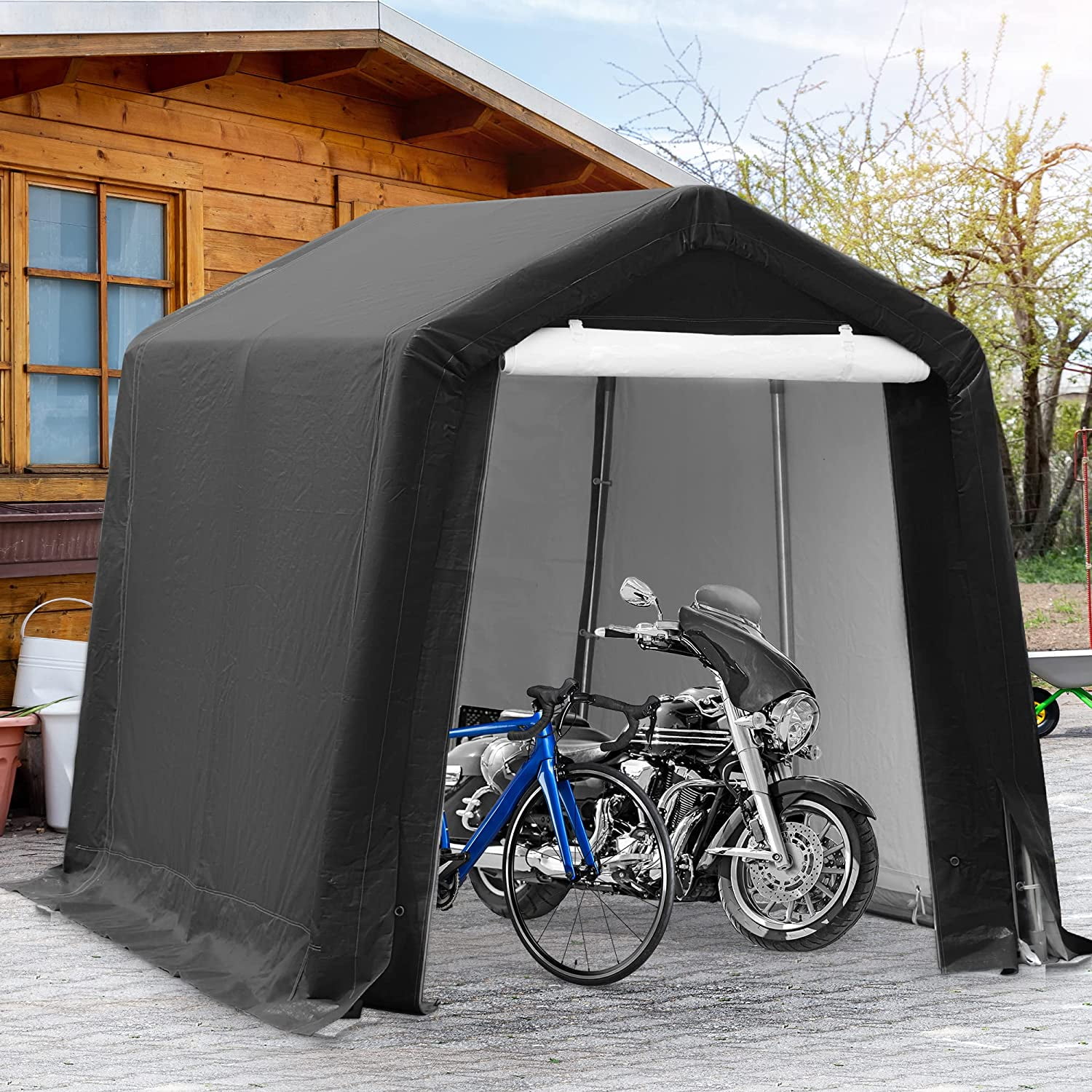 Dextrus Outdoor Storage Shed Motorcycle Shed 6x8 ft Portable Waterproof Steel Meatl Frame 2 Roll ...