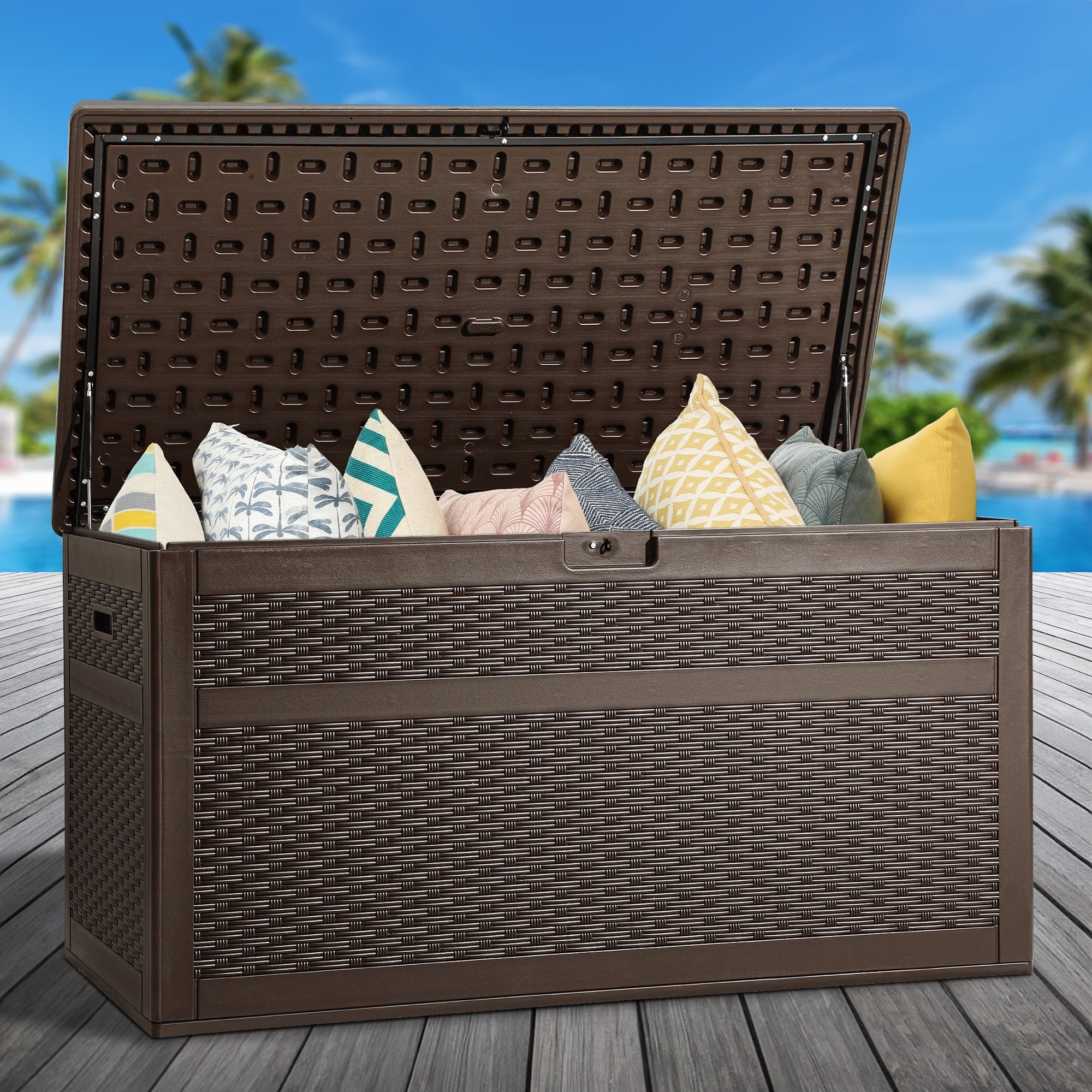 Dextrus Outdoor Weatherproof 230 Gallon Resin & Plastic Deck Box, Brown ...