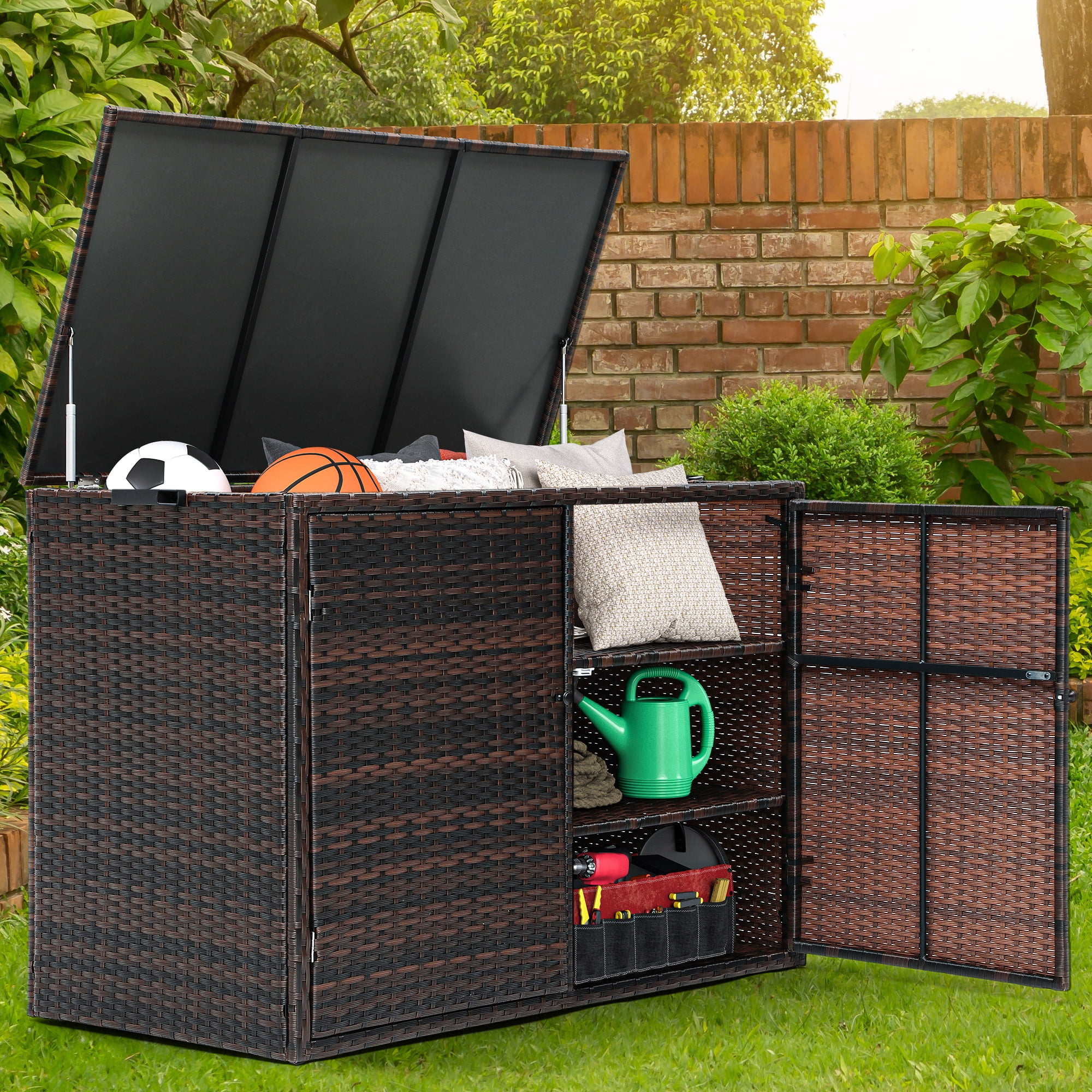 DEXTRUS 150 Gallon Rattan Deck Box, Brown, Customizable Storage ...