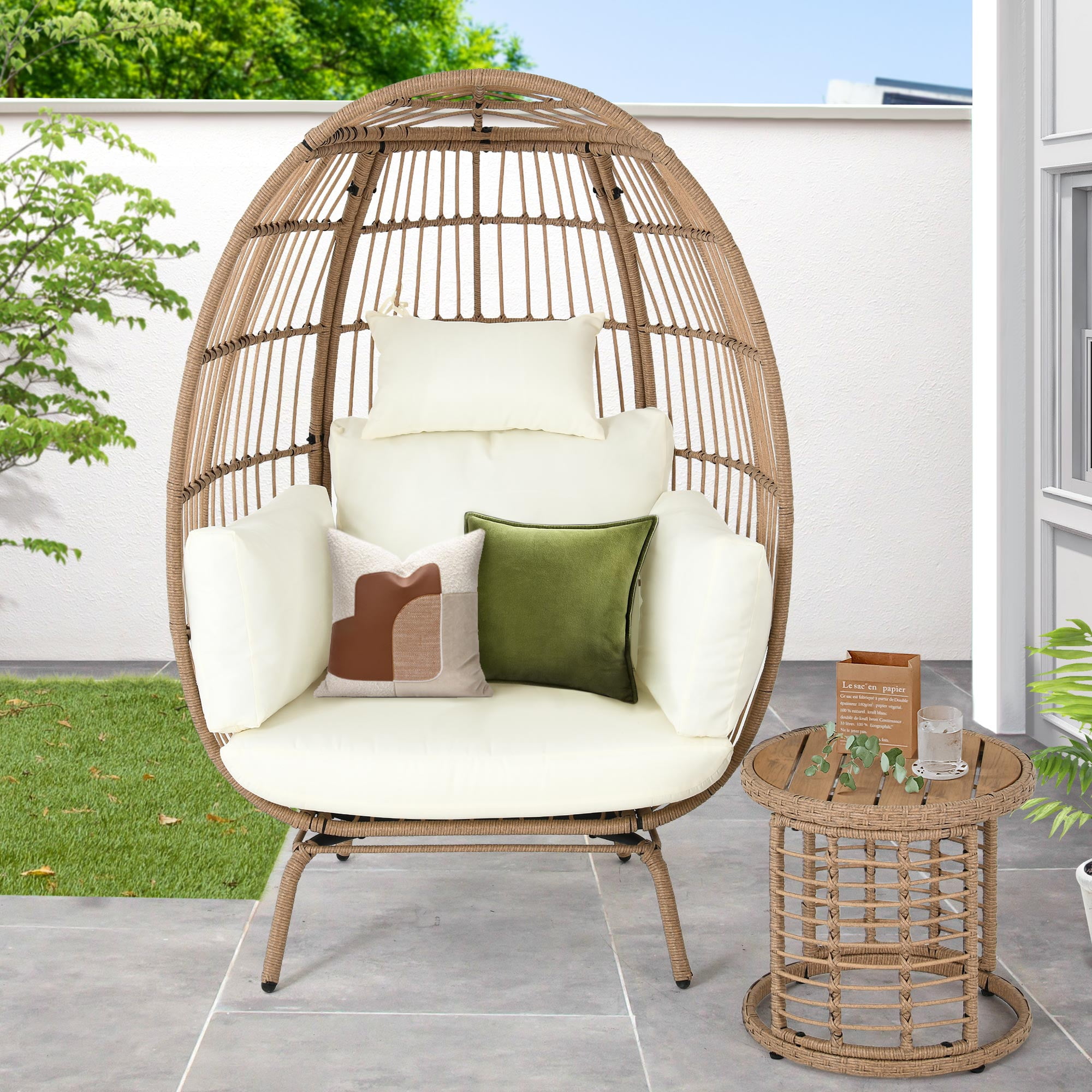 Dextrus Patio Egg Chair with Coffee Table, Wicker Lounger Chair with ...