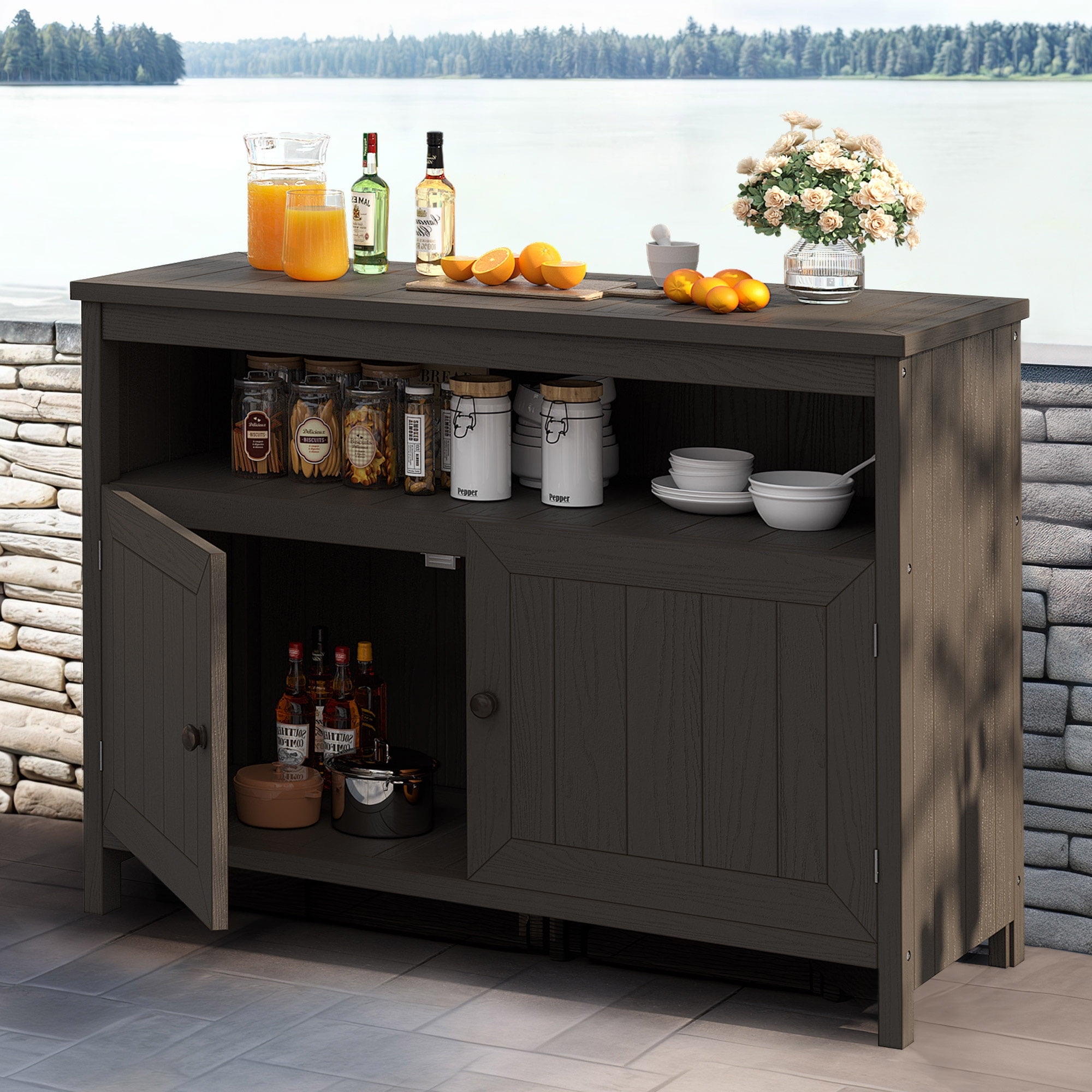 Dextrus Weatherproof Patio Outdoor Console Buffet Cabinet, Plastic Wood ...