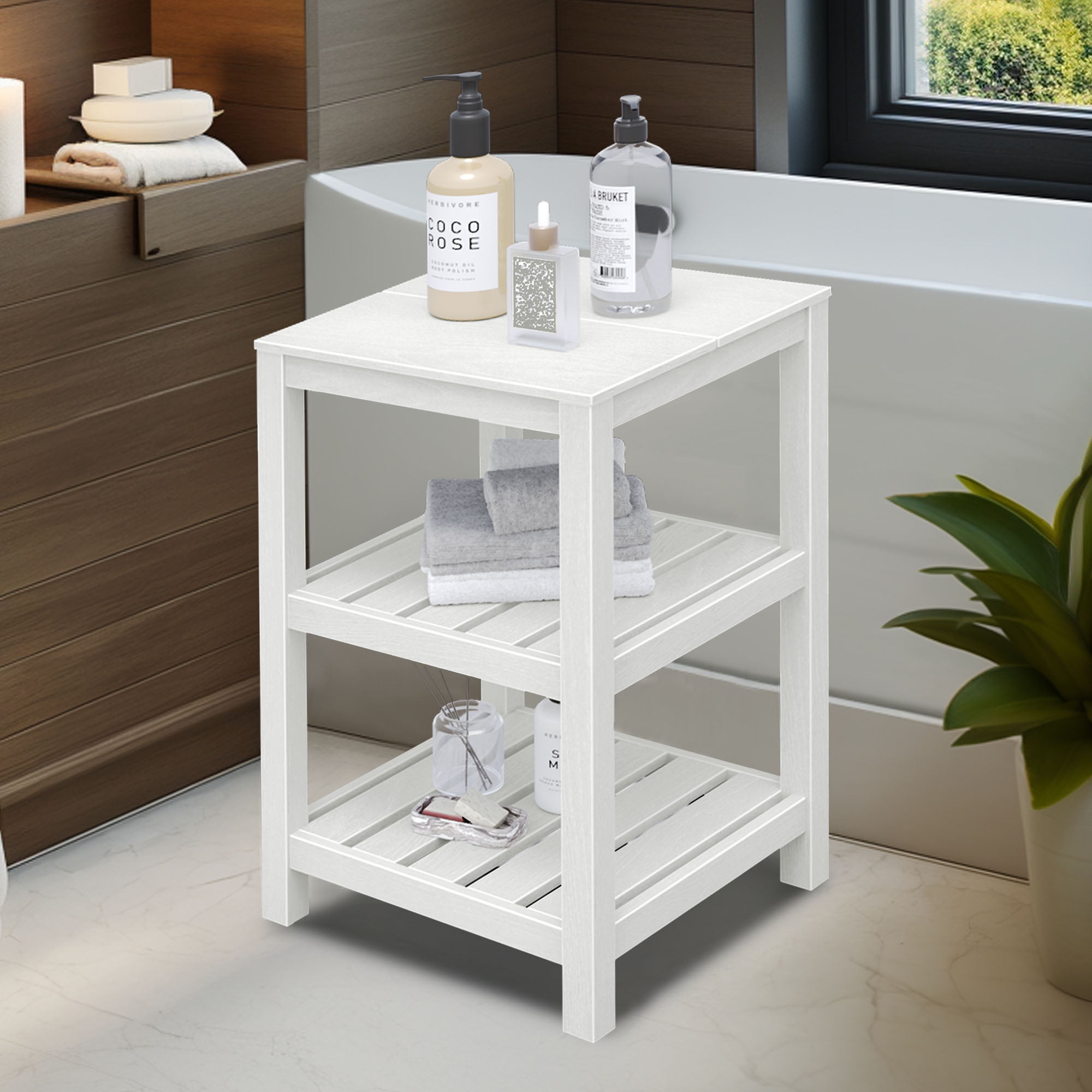 Dextrus White Poly Lumber Corner Shower Stool with 3 Tier Storage, 24 ...