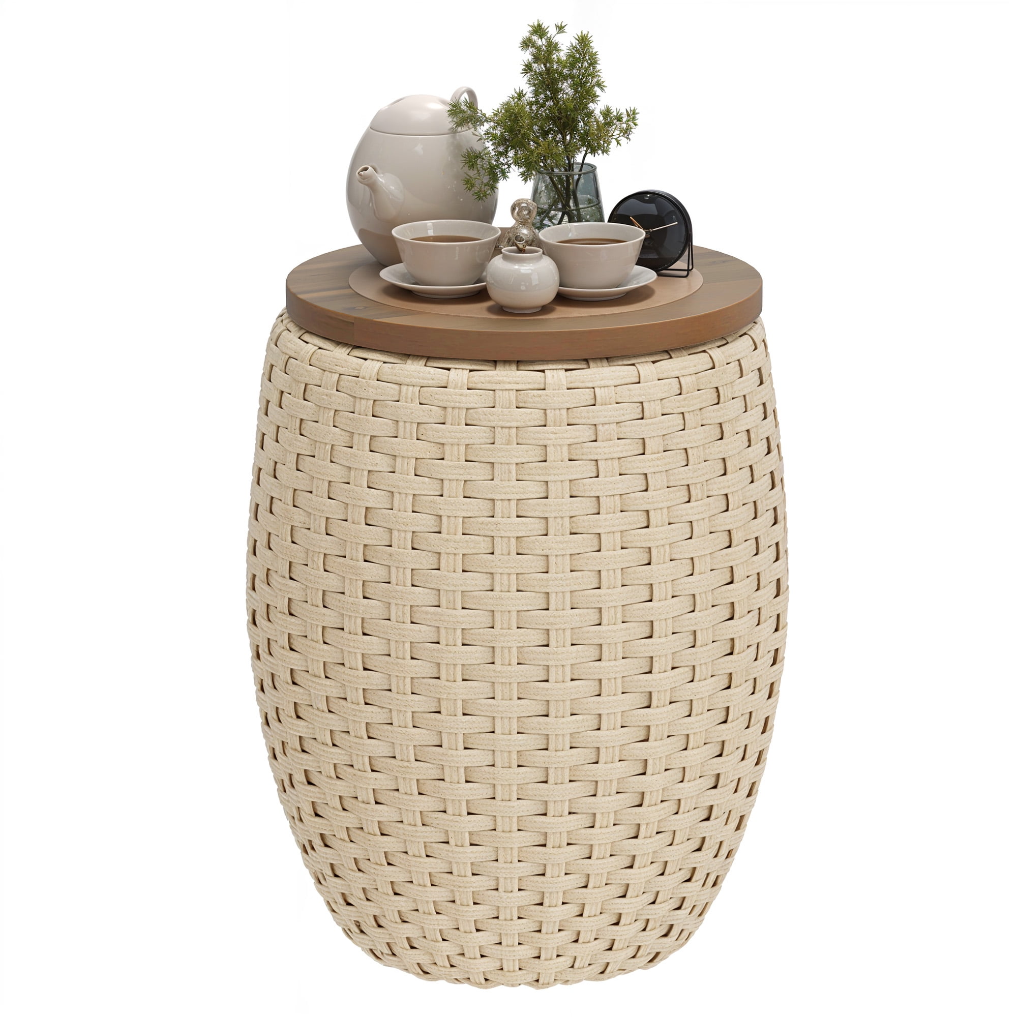 Dextrus Patio Wicker Drum Side Table, All-weather Rattan Small Storage ...