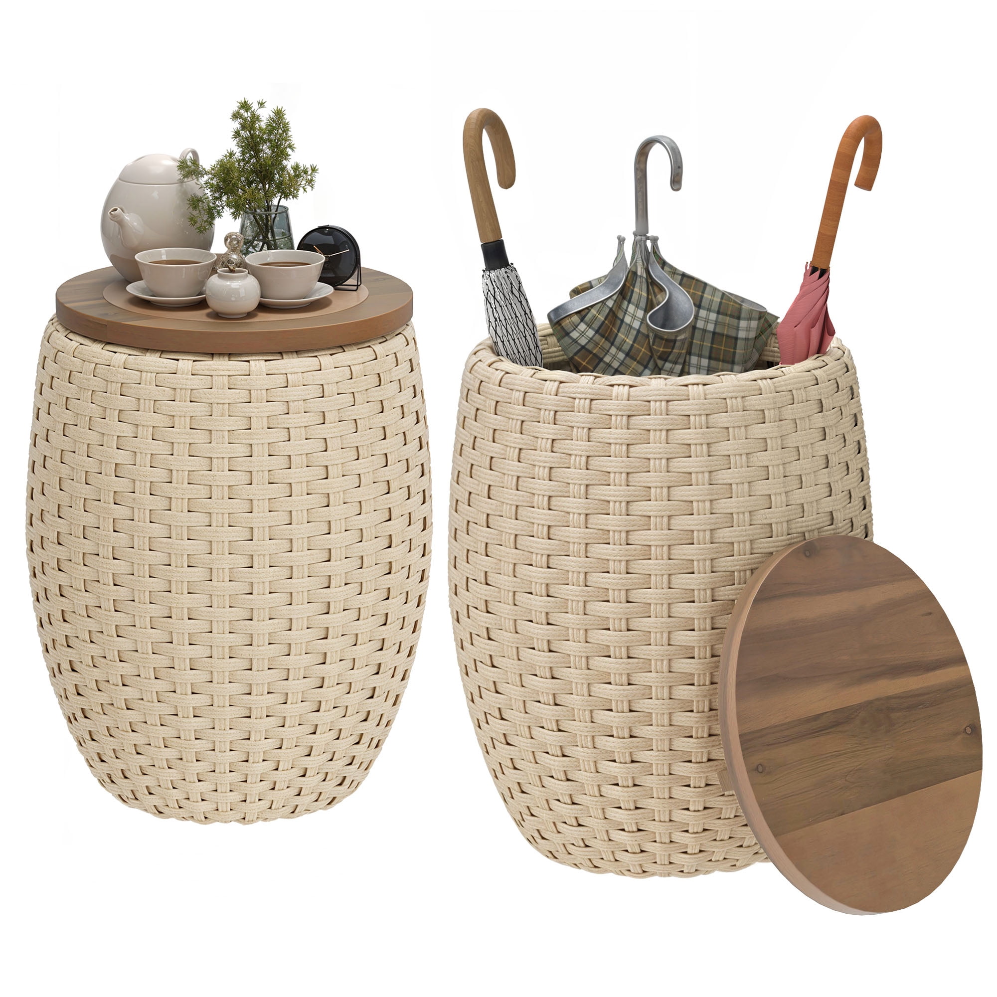 Dextrus Patio Wicker Drum Side Table set of 2, All-weather Rattan Small ...