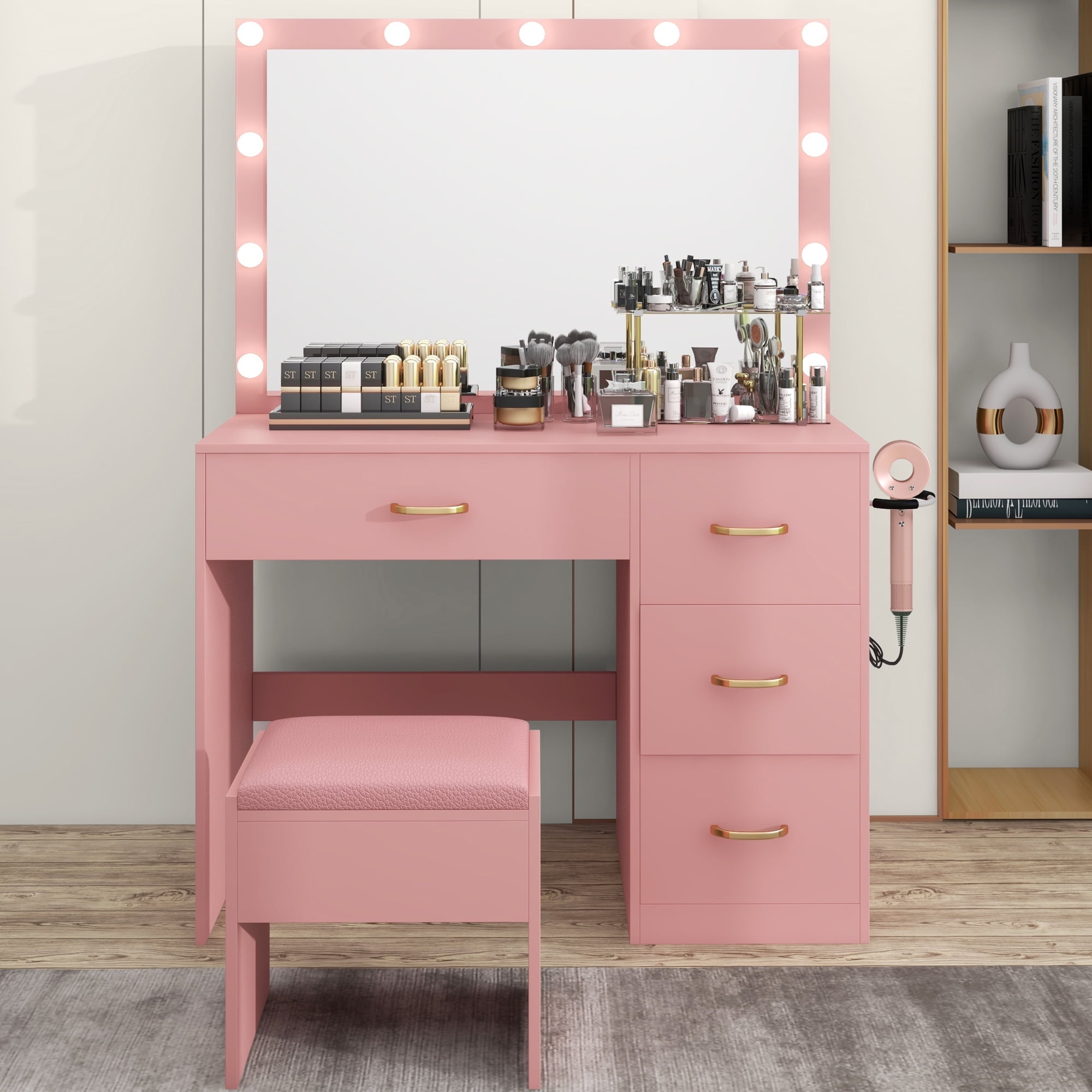 Dextrus Pink Makeup Table with Illuminated Mirror & Electrical Socket ...