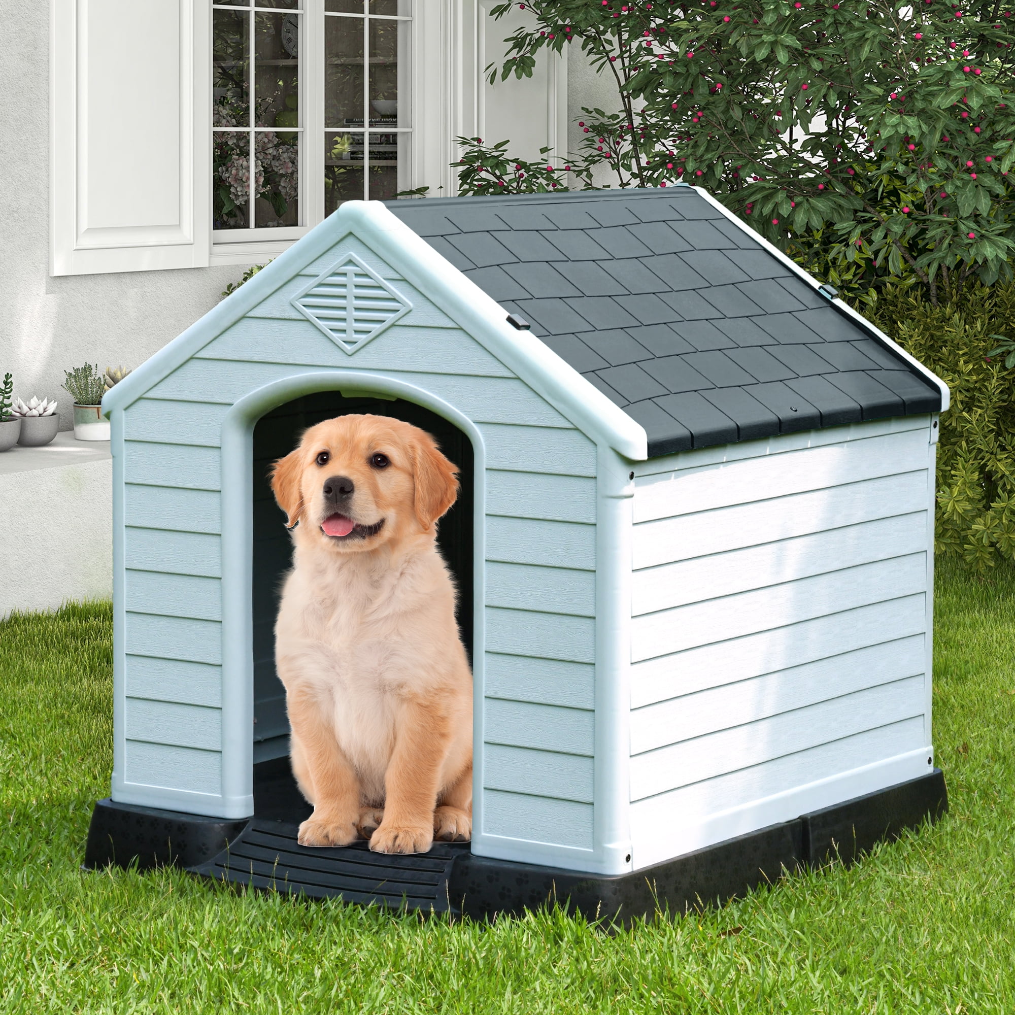 Dextrus 28" Plastic Dog House, Waterproof with Elevated Floor & Air ...
