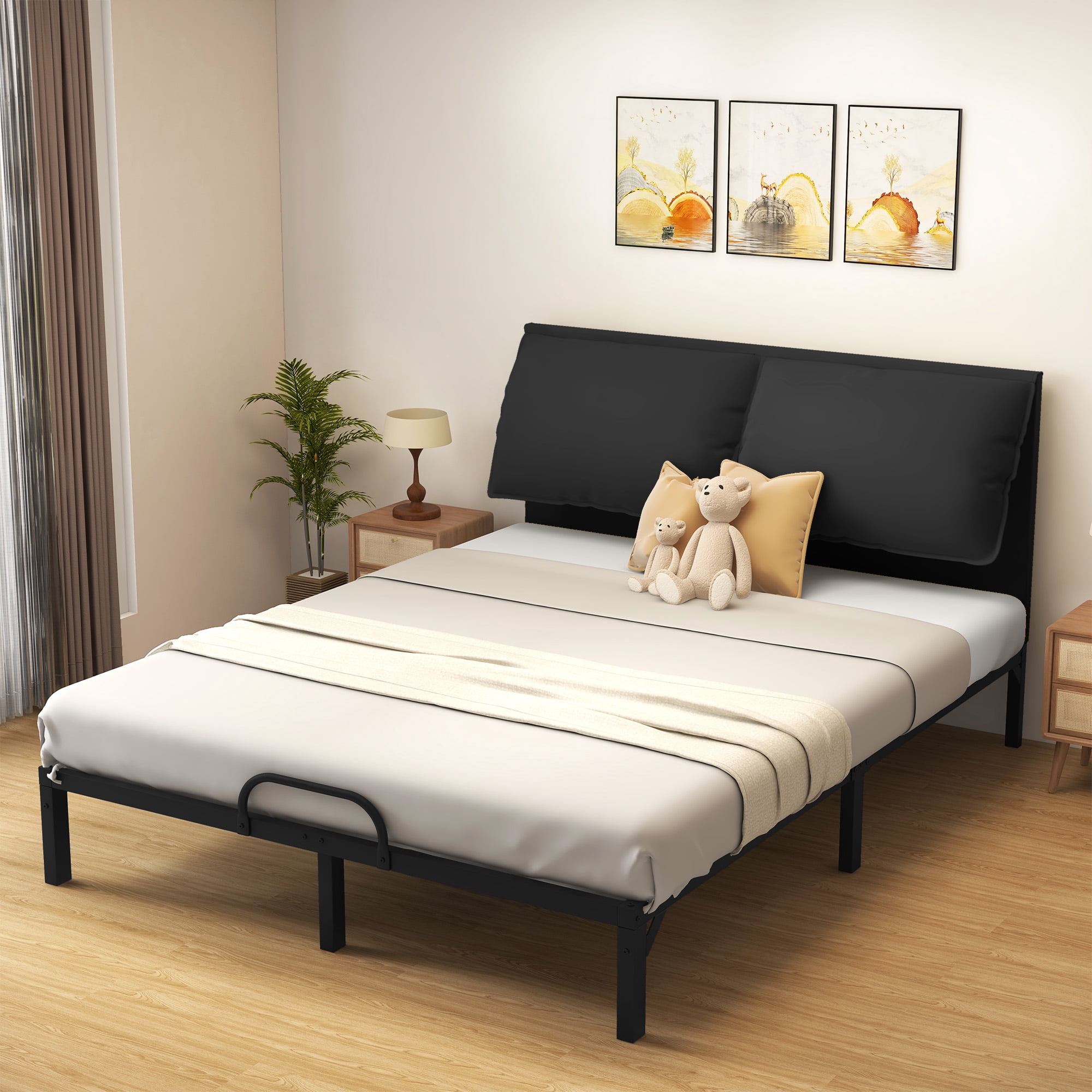 Dextrus Queen Bed Frame in Metal with Plush PU Leather Upholstered ...