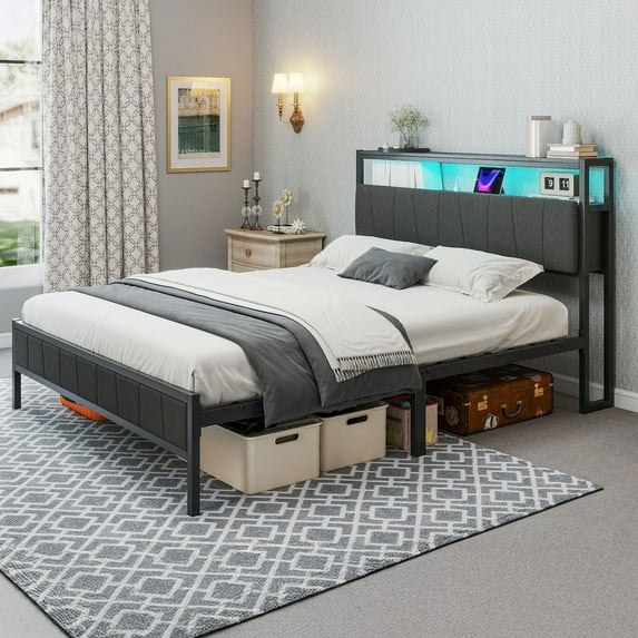 Dextrus Queen Bed Frame with LED Lights, Power Hub, and Storage ...