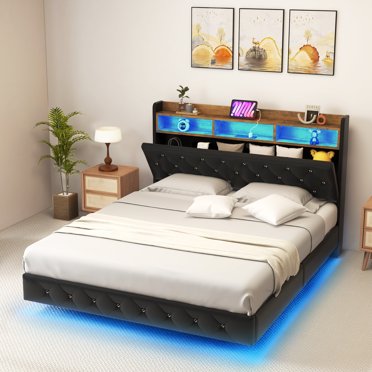 Full Platform Bed Frame with Headboard,Faux Leather Low Profile Wave ...