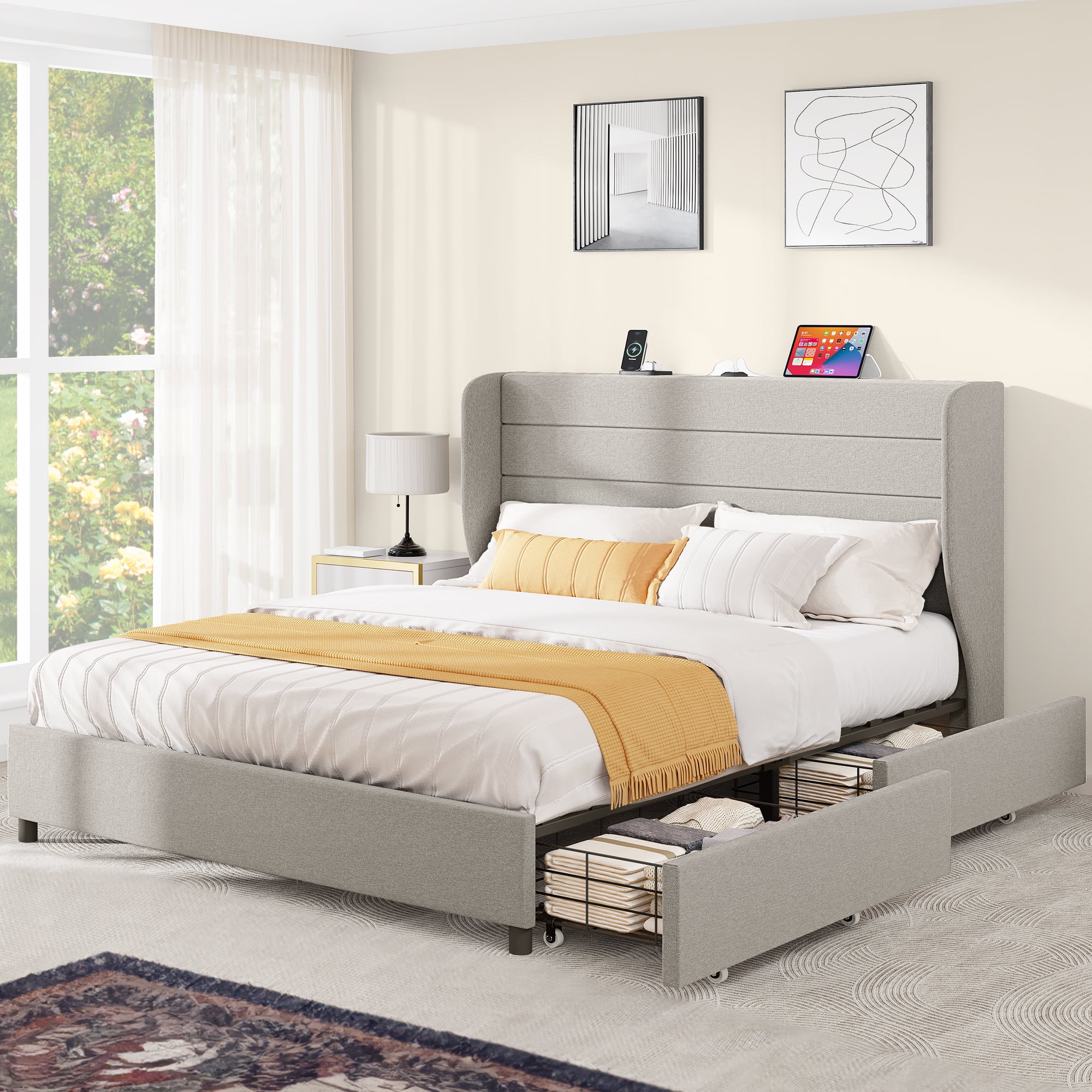 Dextrus Queen Size Bed Frame with Built-in Charger, Queen Upholstered ...