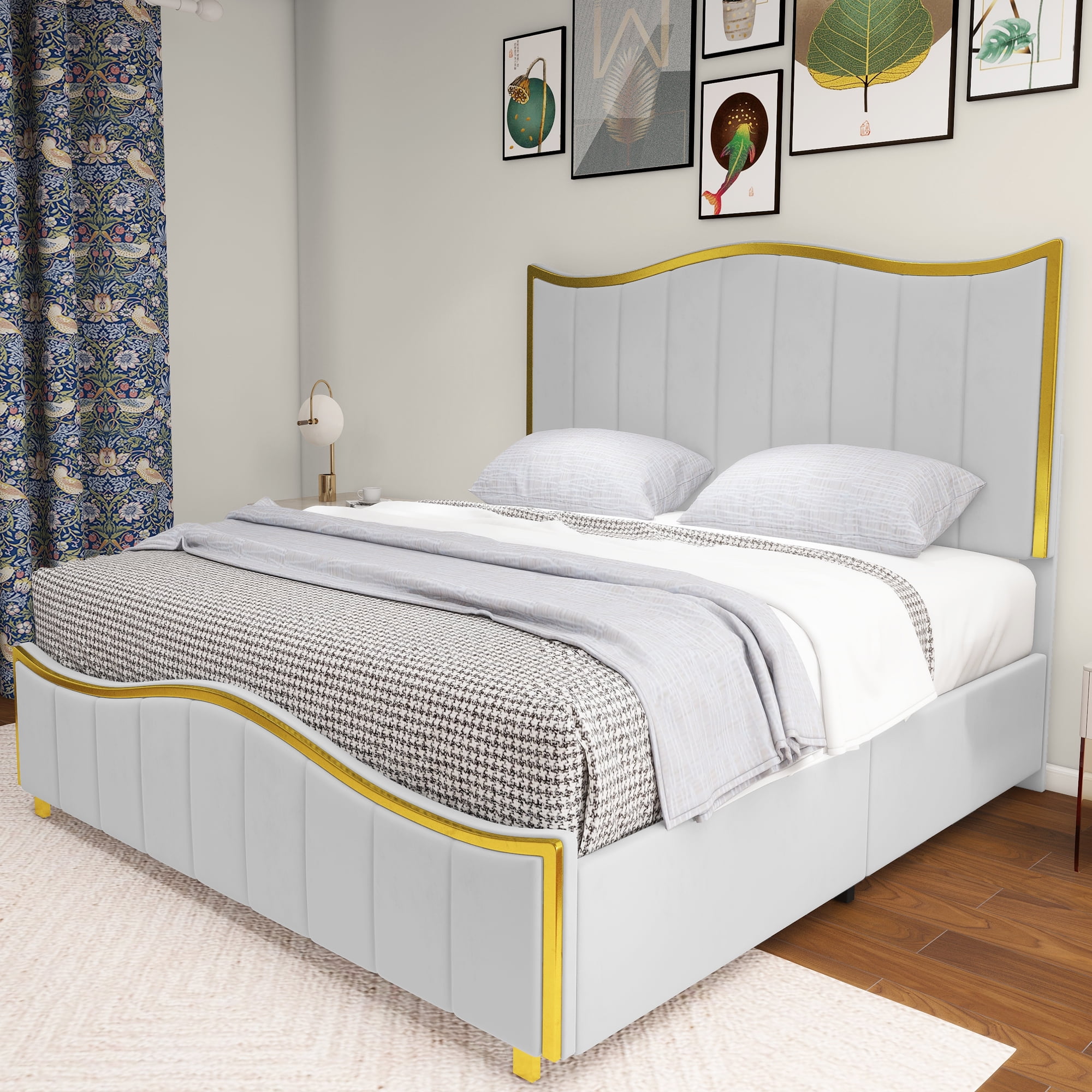 Dextrus Queen Size Bed Frame, Luxurious Velvet Upholstery, Golden ...