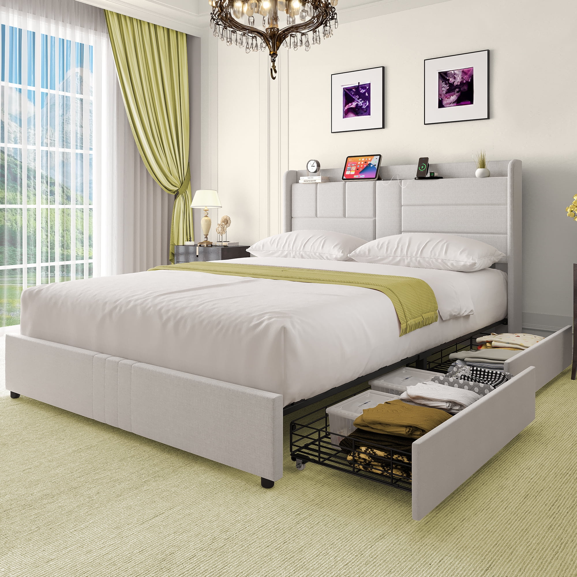 Dextrus Queen Size Bed Frame with Generous Storage, Built-in Charging ...