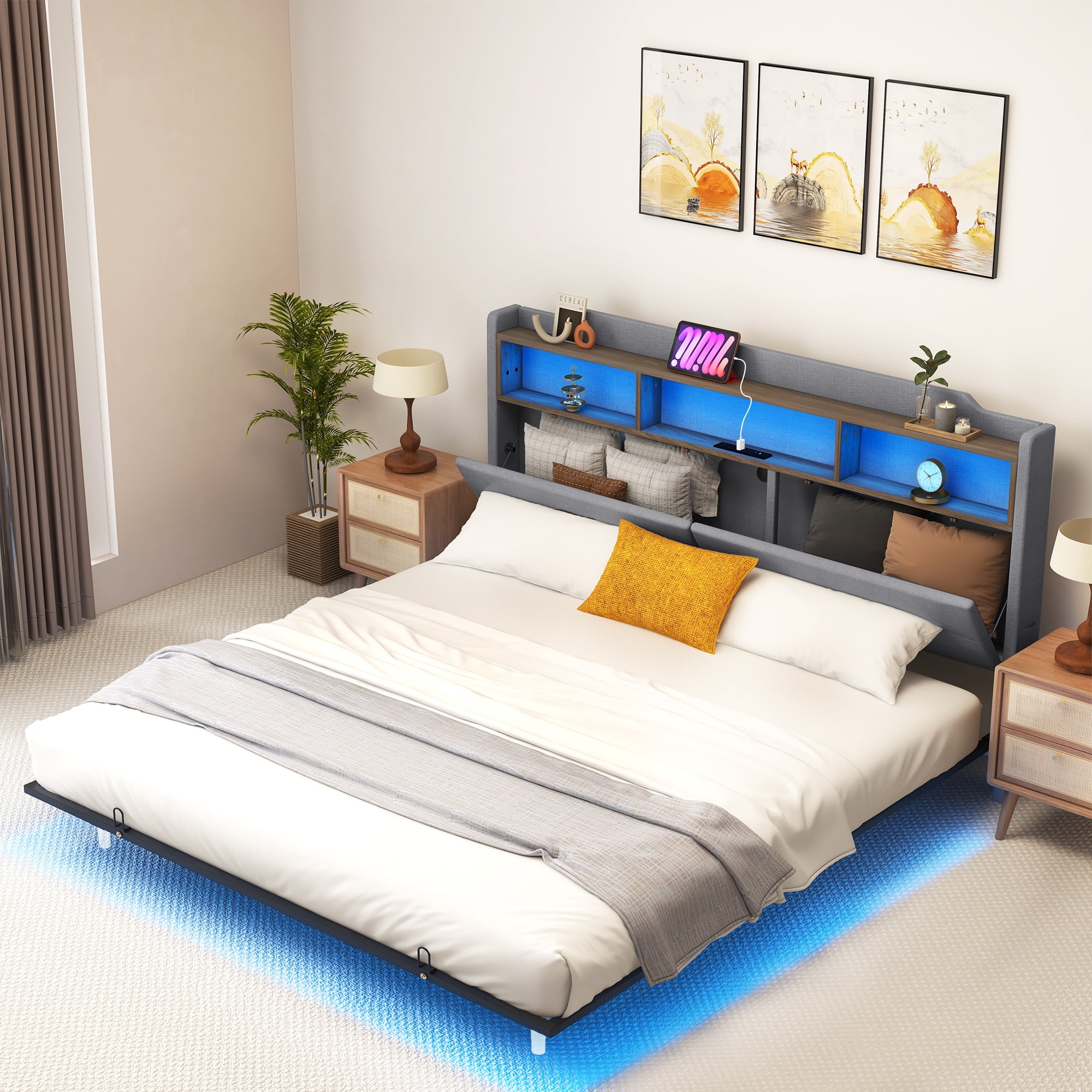 Dextrus Queen Size Floating Bed Frame with Upholstered Platform, Hidden ...