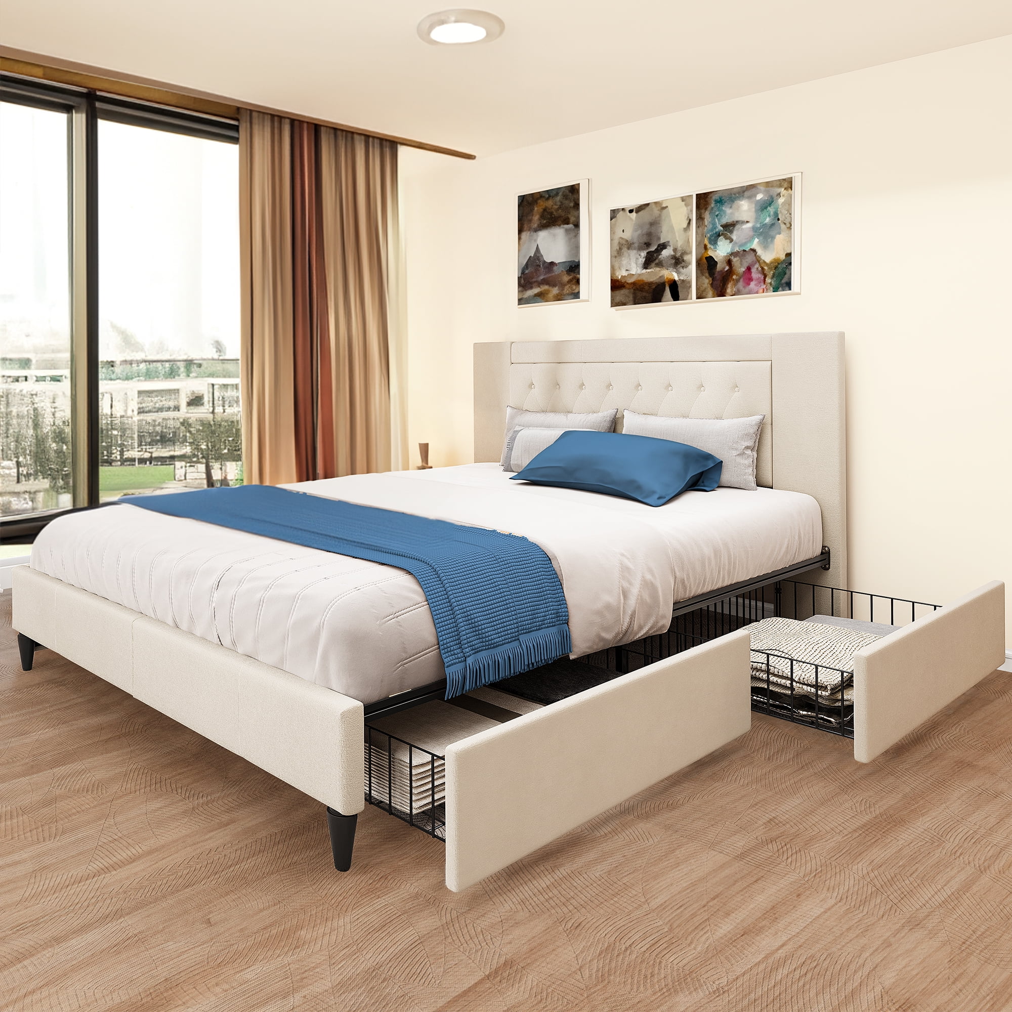 Dextrus Queen Size Storage Bed Frame with Headboard & 4 Drawers, No Box ...