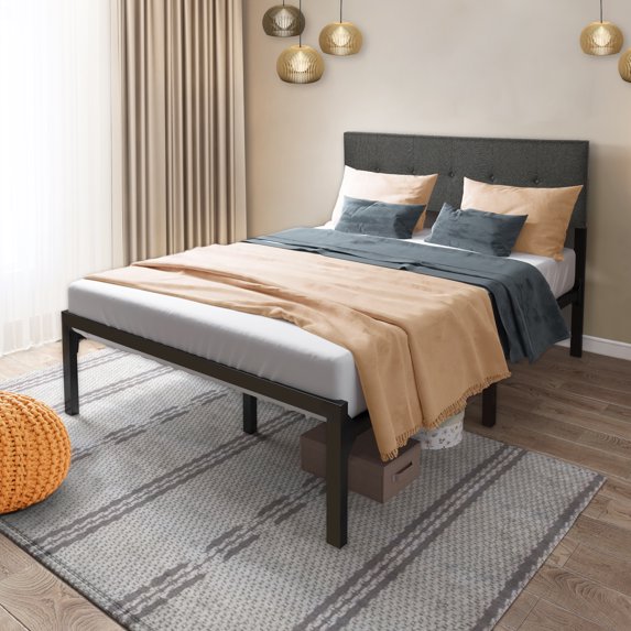 Dextrus Queen Size Upholstered Platform Bed with Adjustable Headboard ...