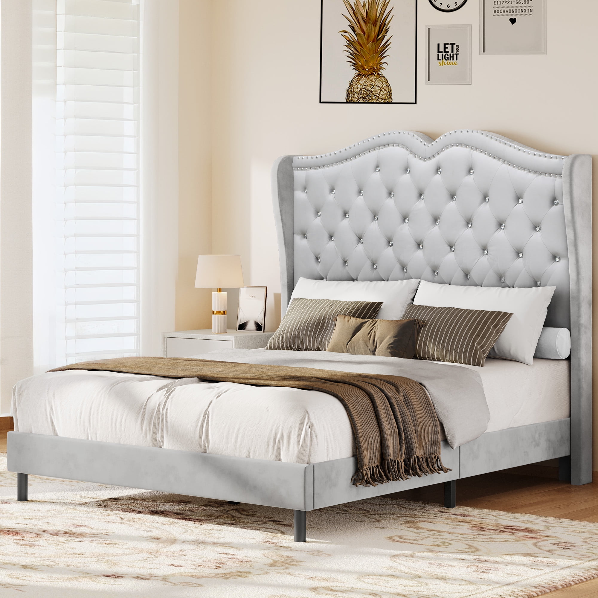 Dextrus Queen-Sized Bed Frame, Plush Velvet Tufted Headboard, Strong ...