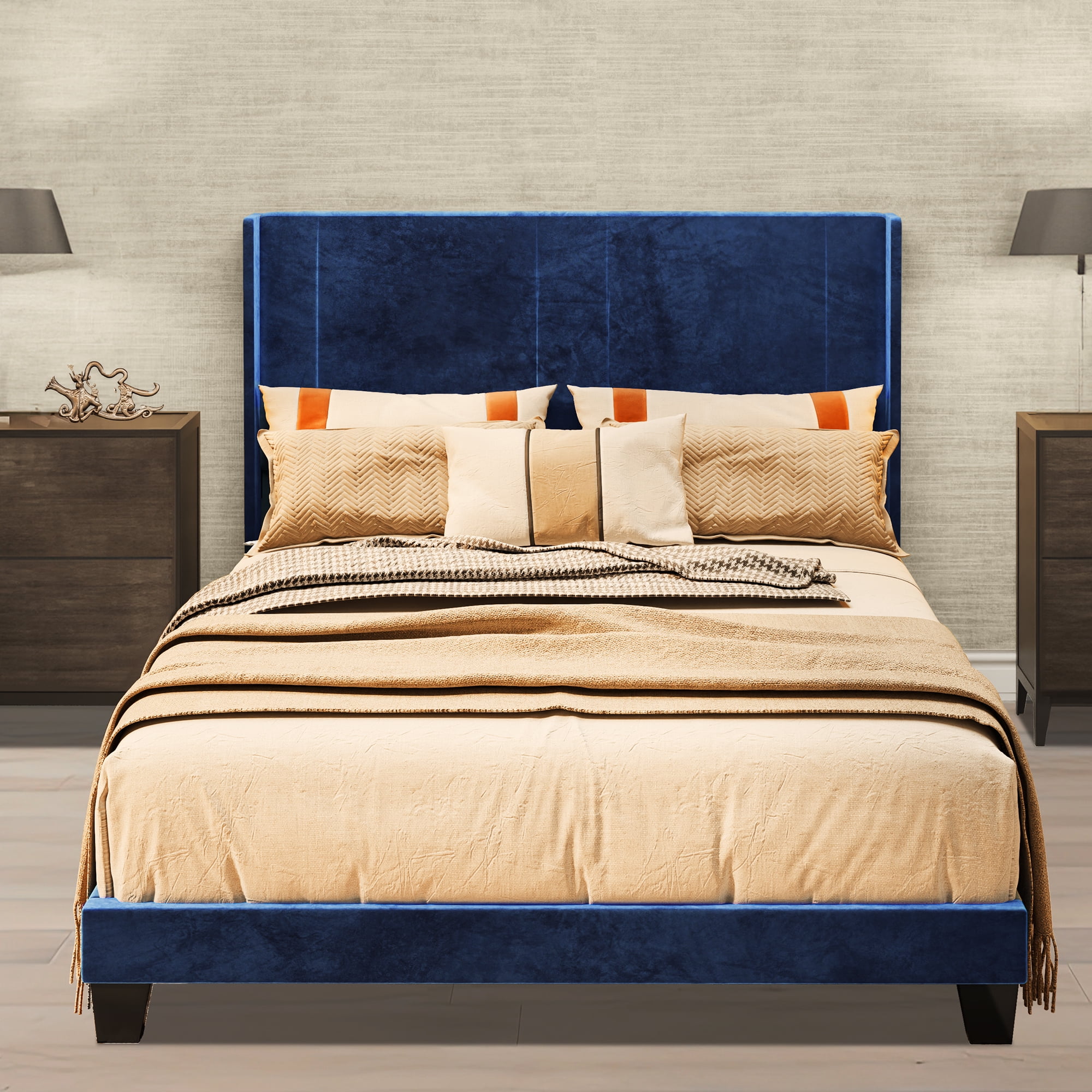 Dextrus Queen Size Bed Frame, Navy Blue Velvet Upholstered Wingback ...