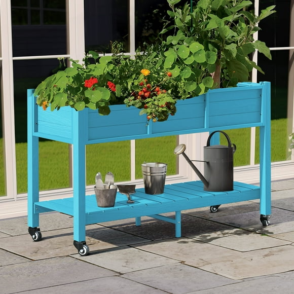 Mobile Raised Garden Bed Elevated Wood Planter Wheels Storage Shelf