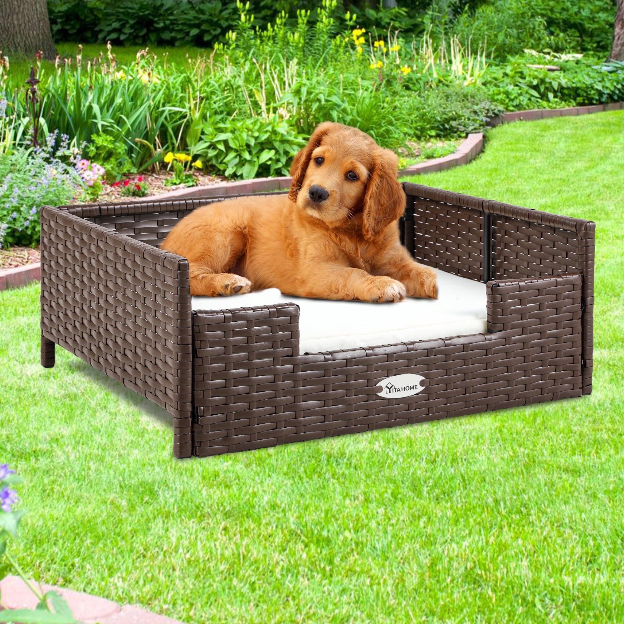 Dextrus Rattan Dog Bed with Beige Cushion, Indoor Outdoor Pet Bed for ...
