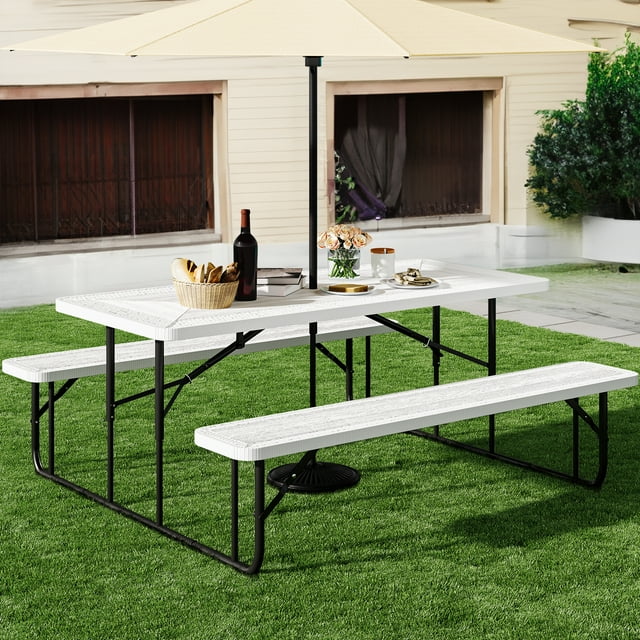 Dextrus 6FT Rattan Texture Camping Foldable Picnic Table & Bench Set ...
