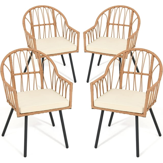 Dextrus 4-Piece Rattan Wicker Dining Chairs Set with Beige Cushion, All ...