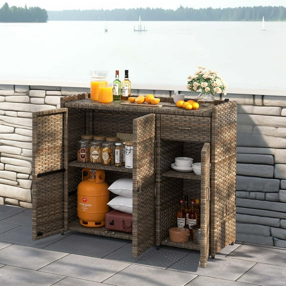 Dextrus Outdoor Home Rattan Wicker Storage Cabinet, Weather-proof Bar ...