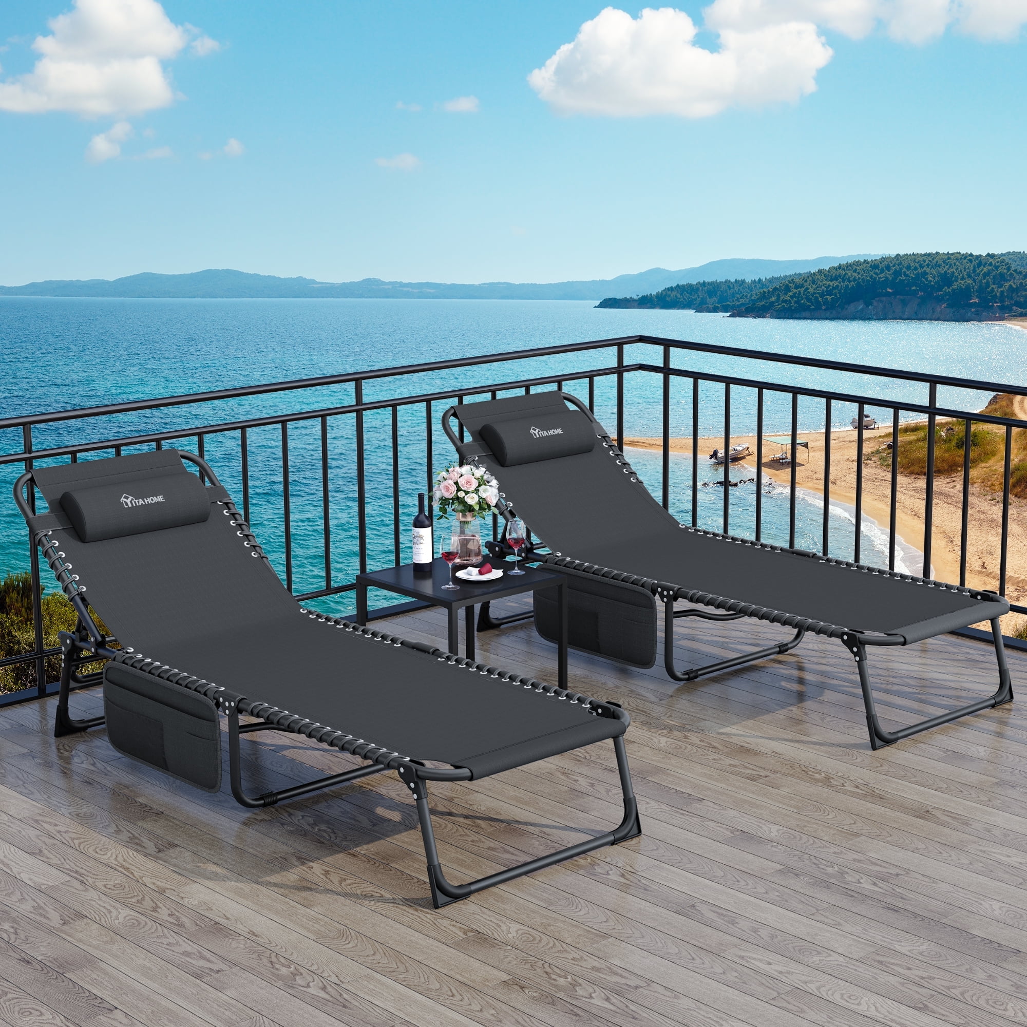 DEXTRUS Reclining Sun Lounger, Removable Headrest, Side Pocket, Black ...