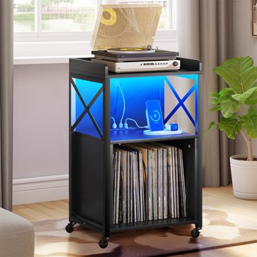 Dextrus Large Record Player Stand with Power Outlets & LED Light, Vinyl ...