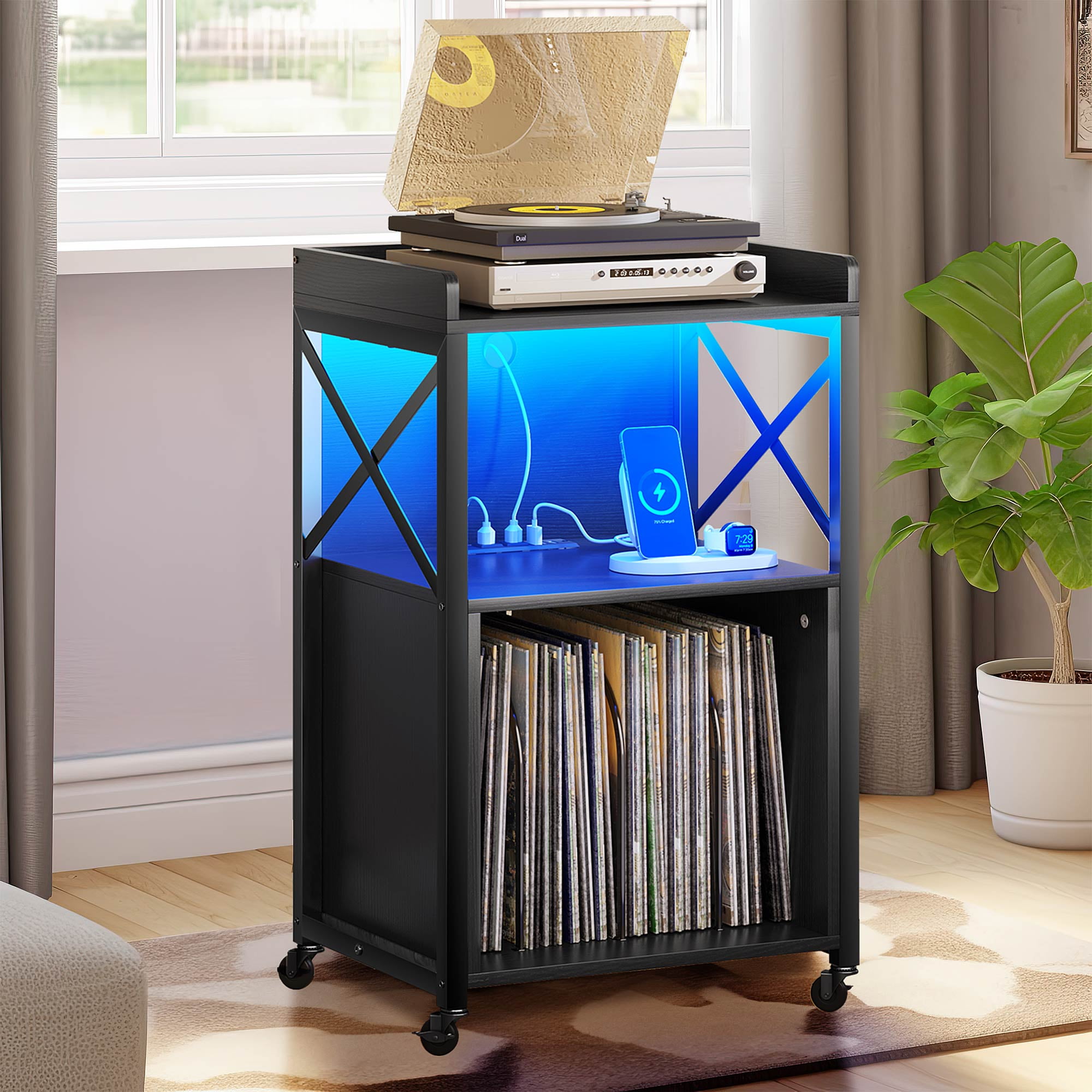 Dextrus Record Player Stand with Power Outlets and LED Lights, Vinyl ...