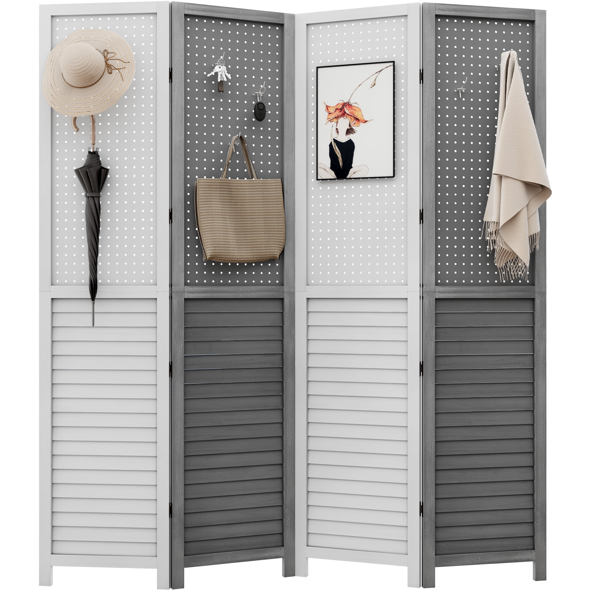 Dextrus Room Divider, 4 Panel Folding Privacy Screens with Pegboard ...