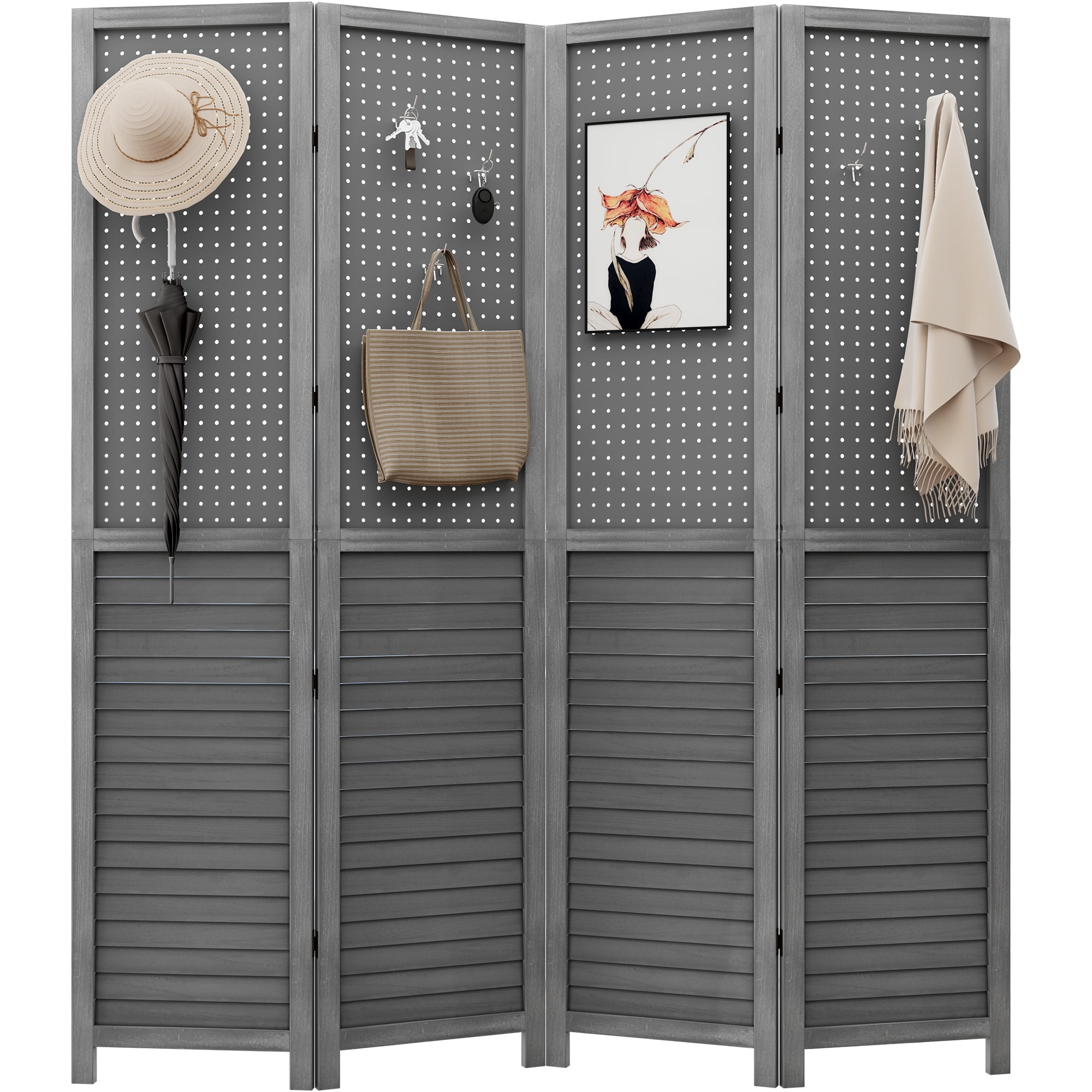 Dextrus 4-Panel Room Divider with Pegboard Display, Freestanding ...