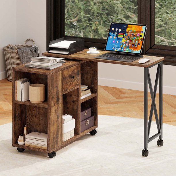 DEXTRUS Rotating Computer Desk with Drawer & Shelves, Writing Office ...