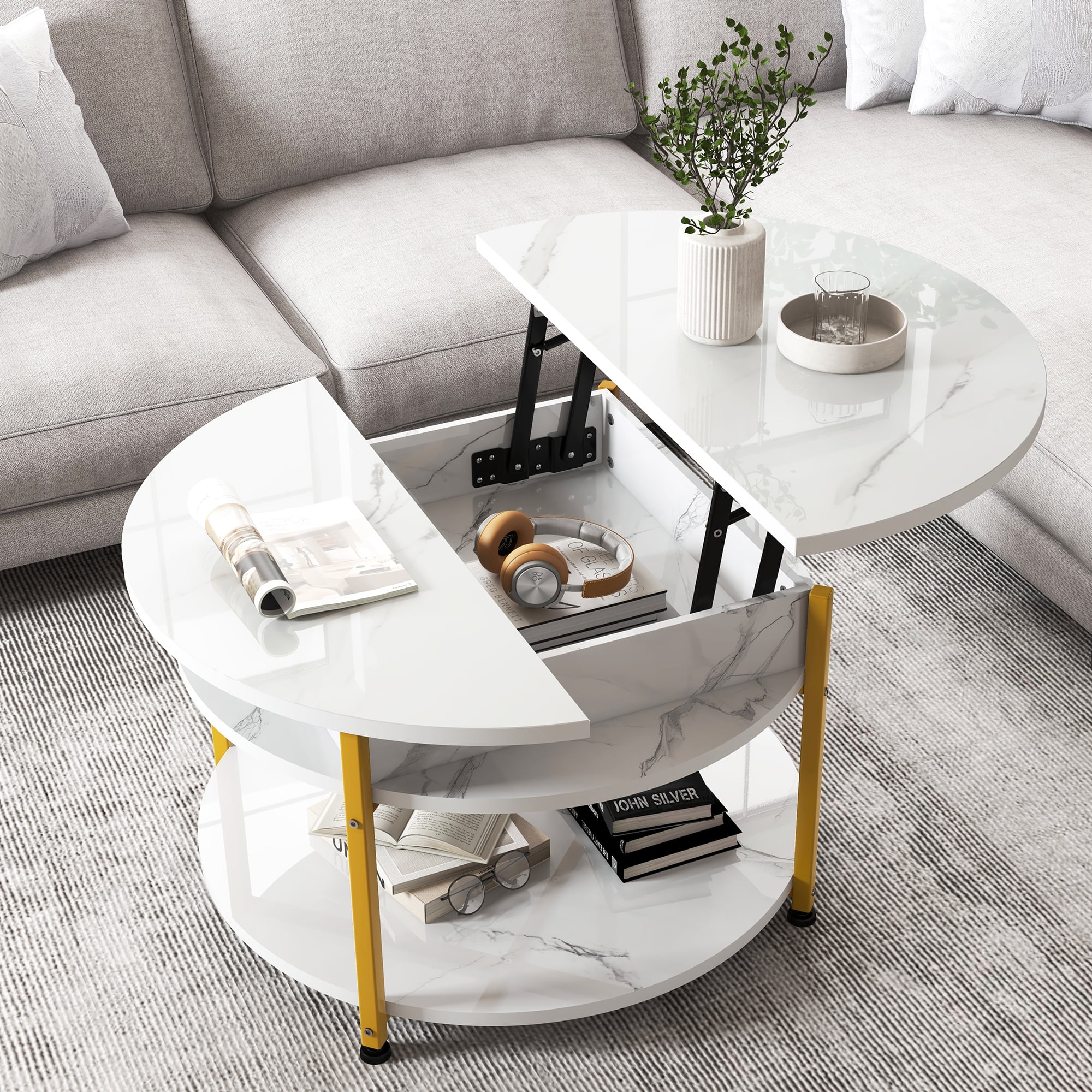 Dextrus Round Coffee Table with Storage, Lift Top Coffee Table with ...